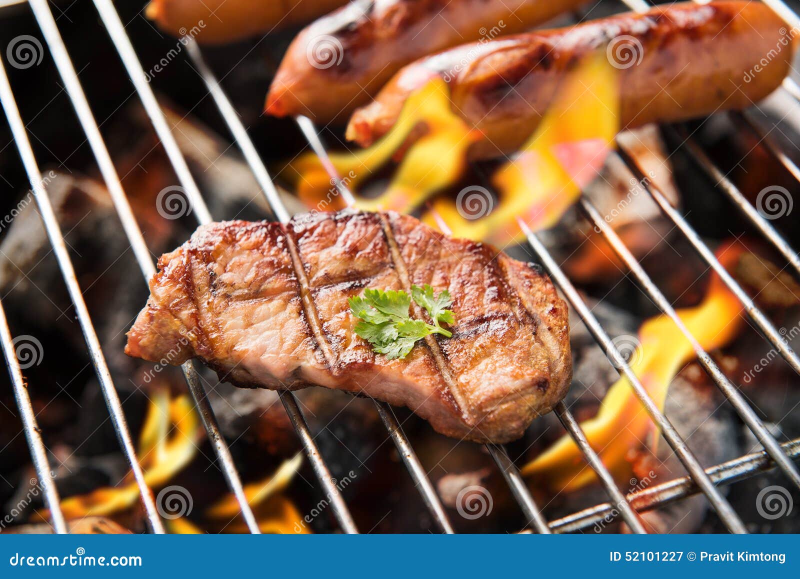 BBQ Sausages and Meat on the Grill. Stock Image - Image of heat, flames ...