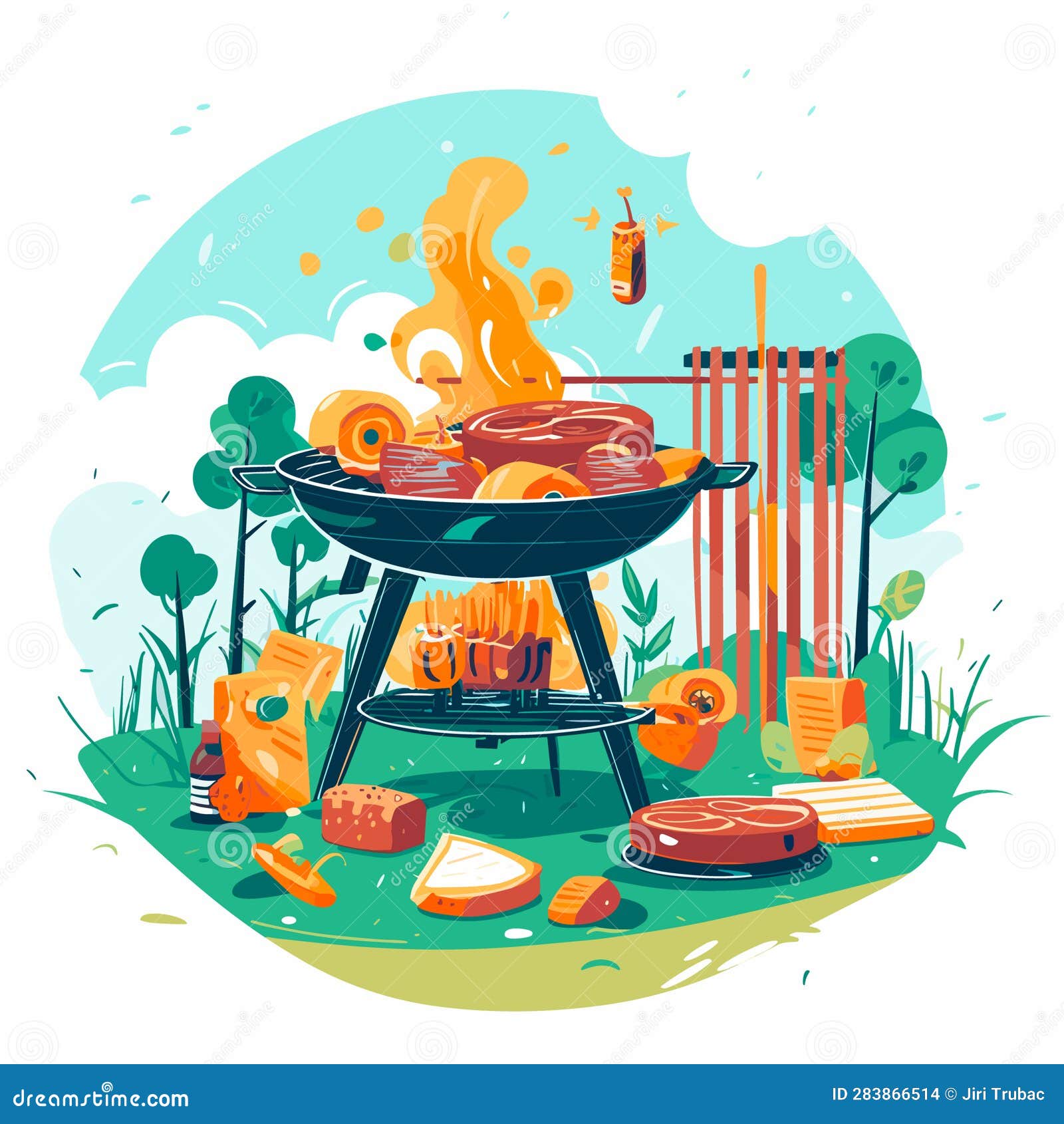 Bbq Time Grill Party Grilled Meat On A Summer Barbecue Cartoon