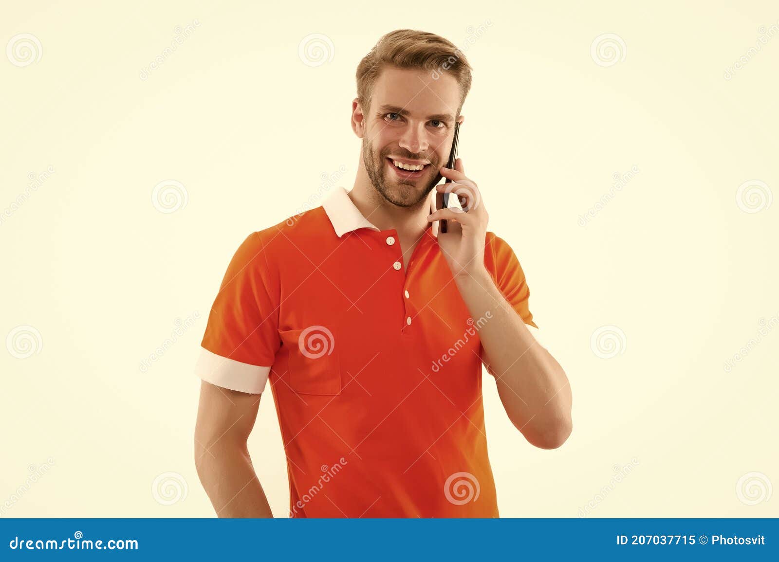 Be Communicative. Happy Guy Talk on Mobile Phone. Mobile Communication ...