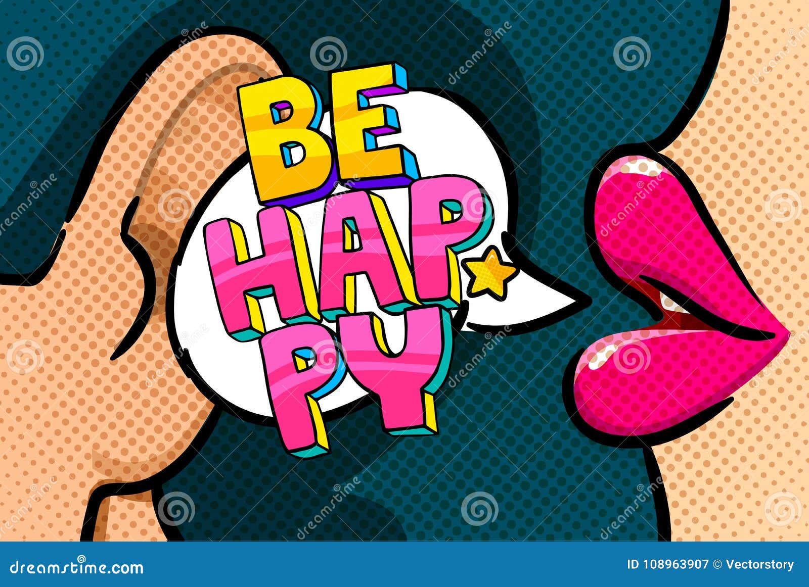 Be happy in Pop Art style. stock vector. Illustration of text - 108963907