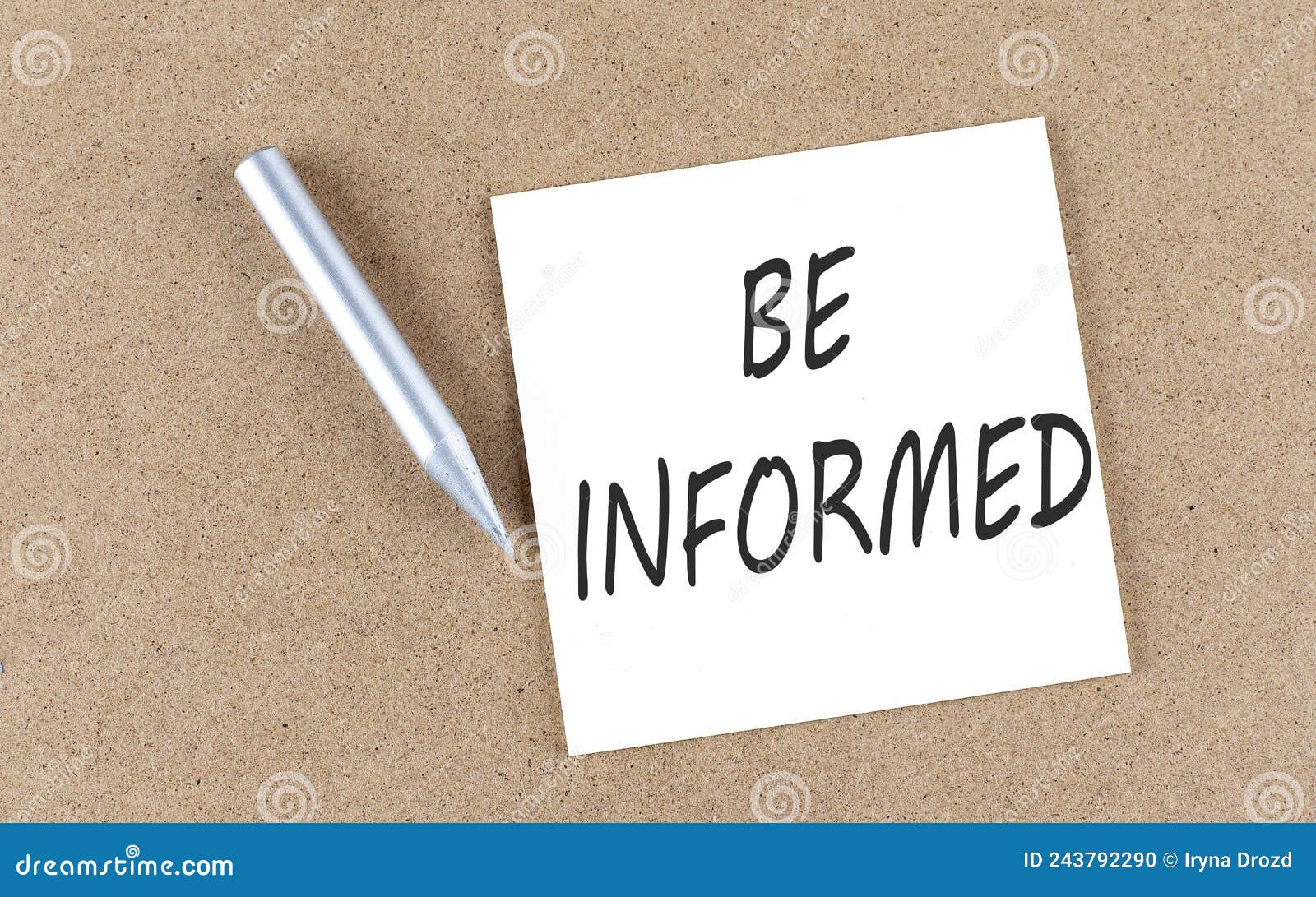 BE INFORMED Text on Sticky Note on Cork Board with Pencil Stock Photo ...