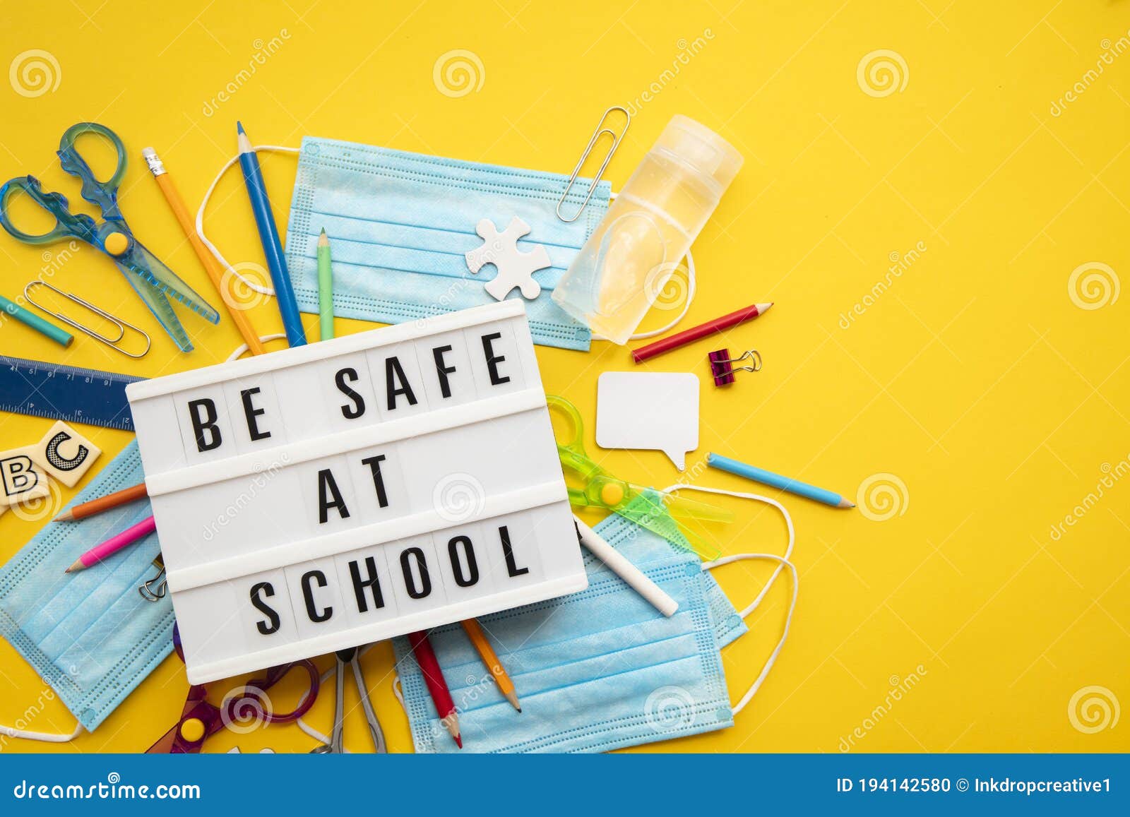 Be Safe at School Message with School Equipment and Covid Masks Stock ...
