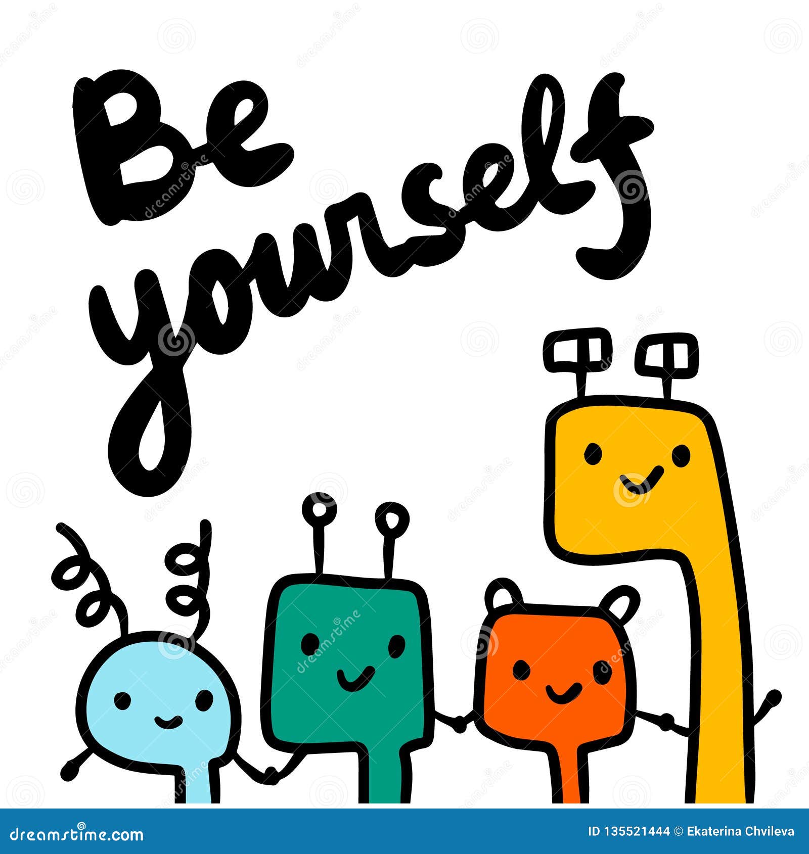 Be Yourself Hand Drawn Illustration with Different Smiling Robots ...
