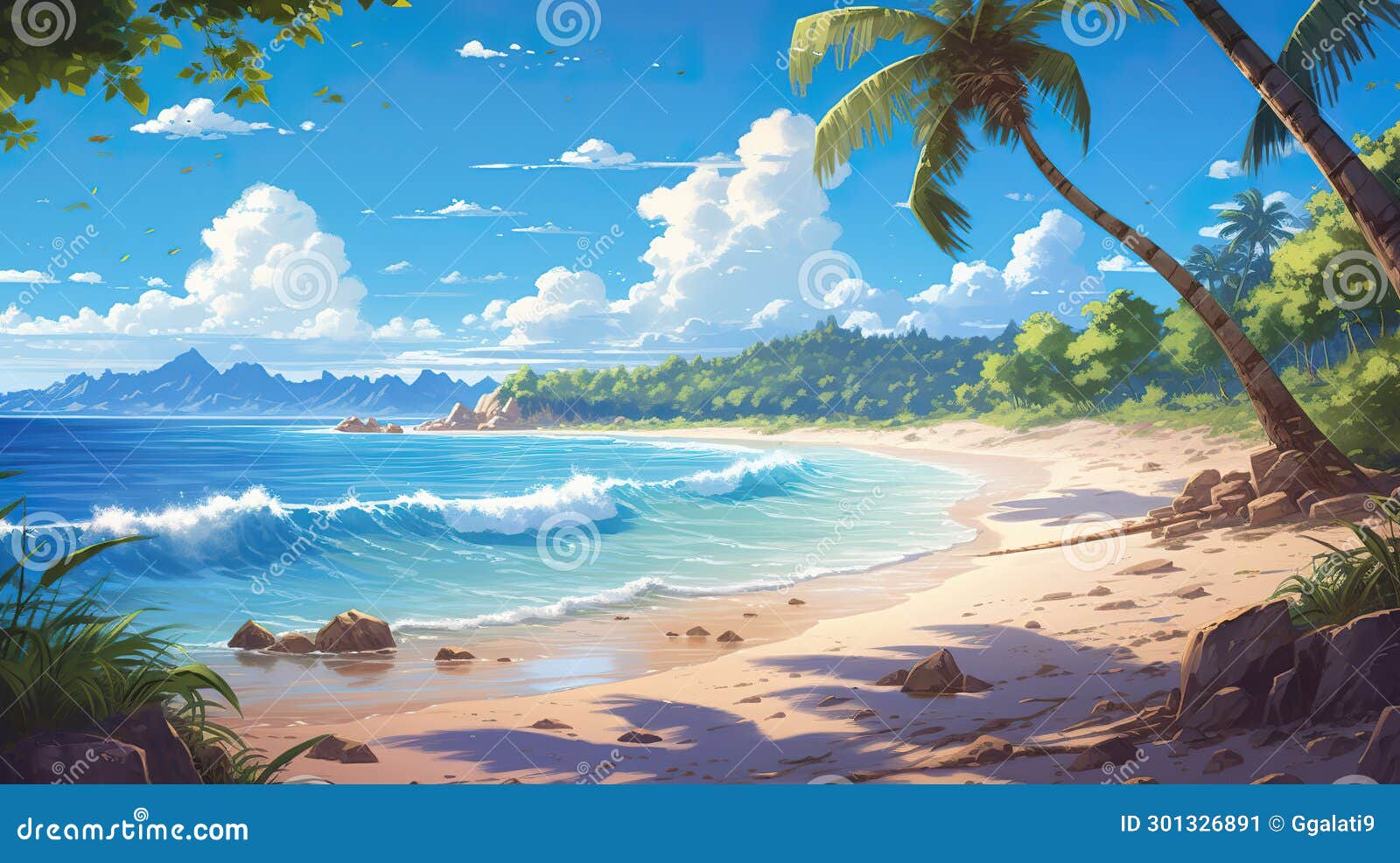 Beach Anime Artwork with Palm Trees, Wallpaper Design Stock ...