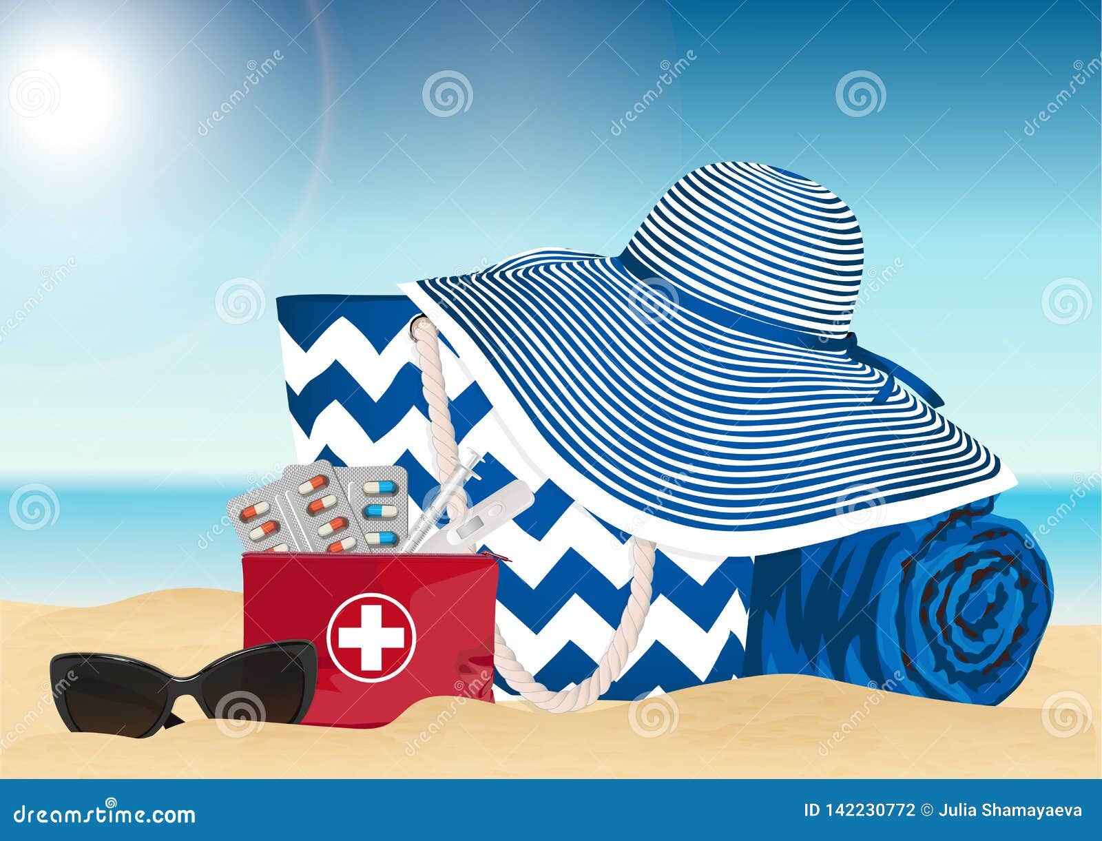 Beach Bag and Road First-aid Kit. Summer Accessories. Vector ...