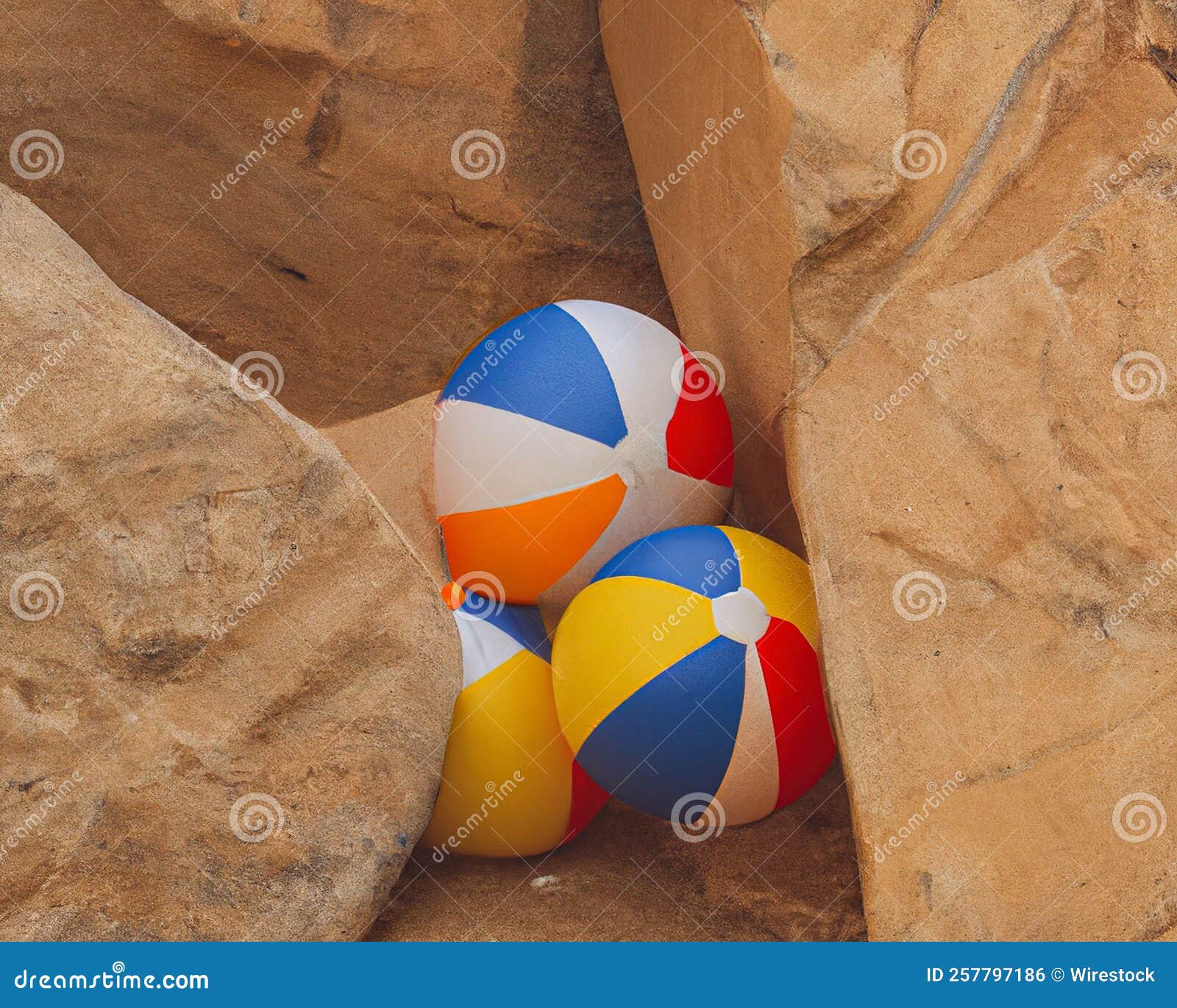 Beach Balls Stuck between Big Rocks at the Beach Stock Photo - Image of ...