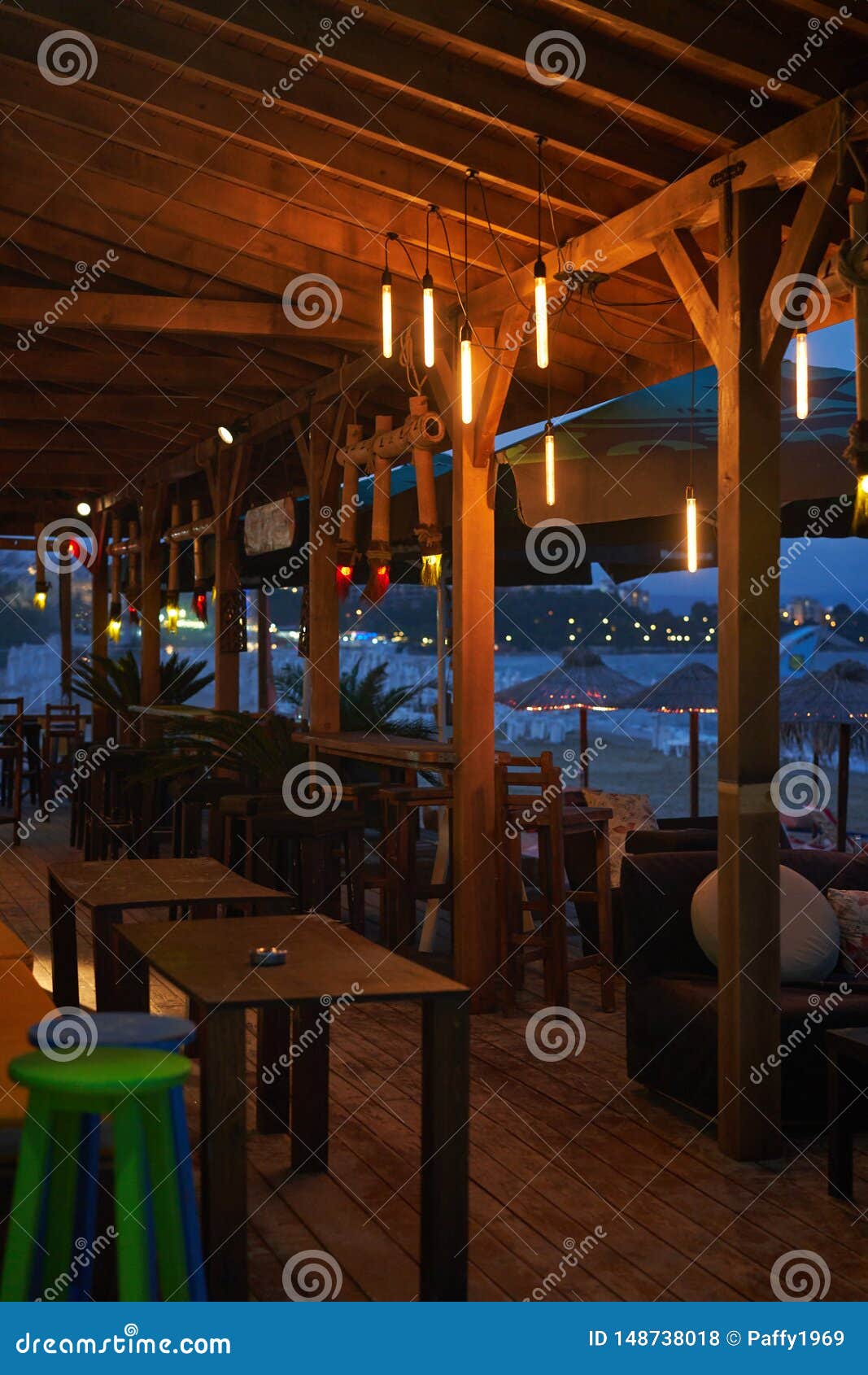 Beach Cafe in the Evening with Colorful Lighting Editorial Stock Photo ...