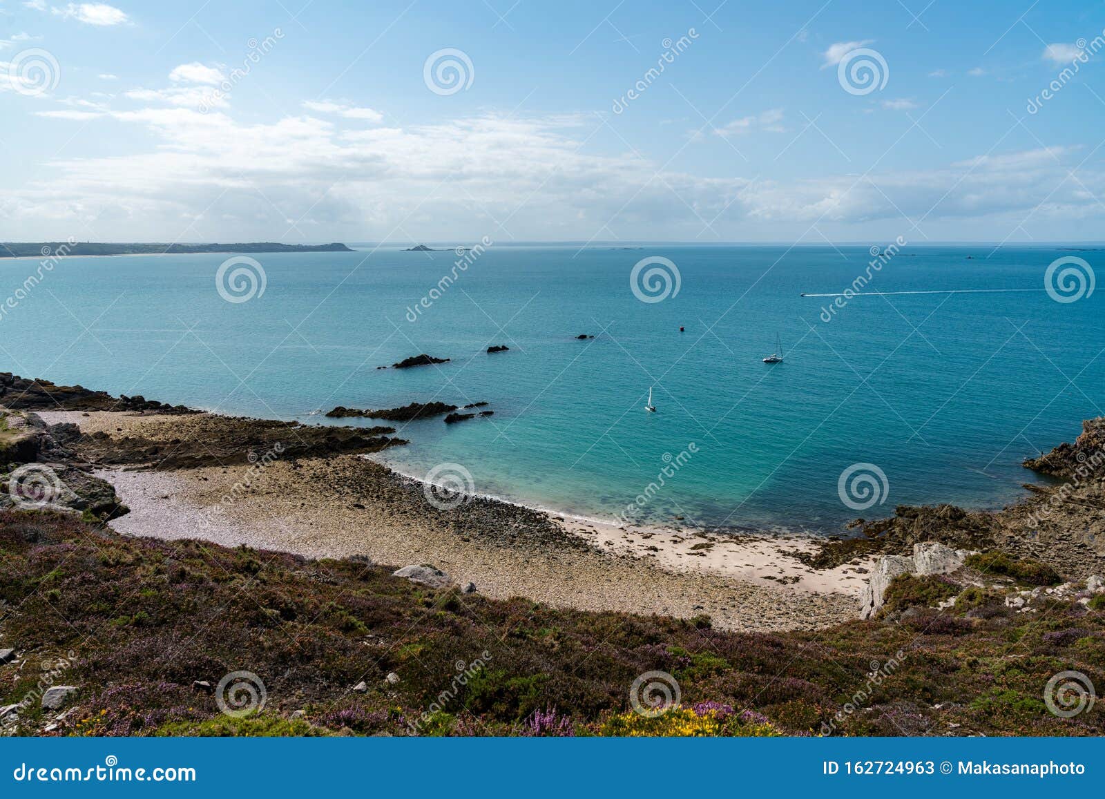 Beach and Bay with Lilac Heath Meadow on the Wild Coast of Brittany ...