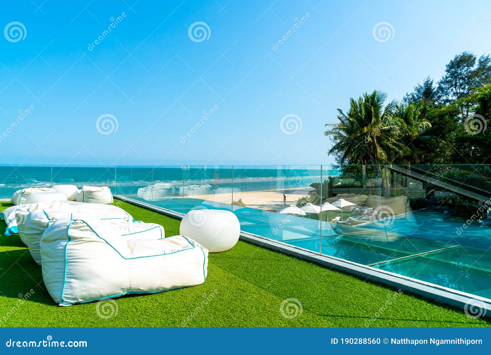 Beach Bean Bag on Balcony with Ocean Sea Background Stock Photo - Image ...