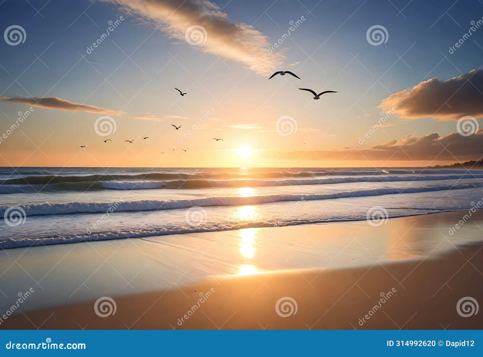 A Beach with Birds Flying Over the Water at Sunset Stock Illustration ...
