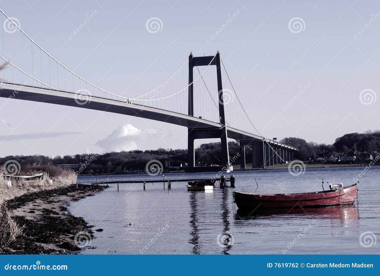 Beach, bridge and boat stock photo. Image of beach, funen - 7619762