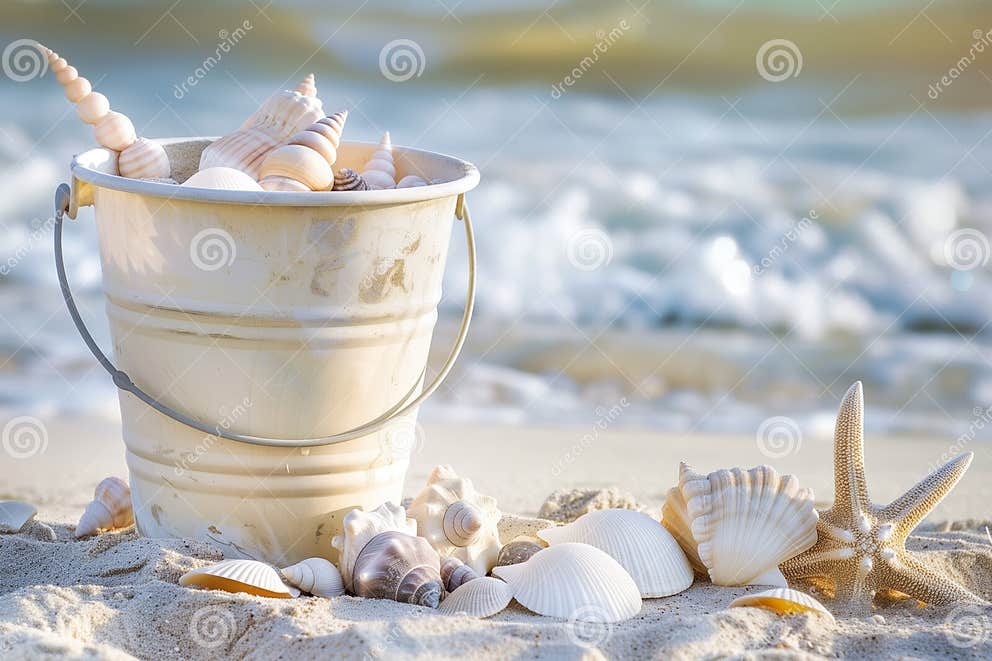 Beach Bucket with a Collection of Shells beside it Stock Image - Image ...