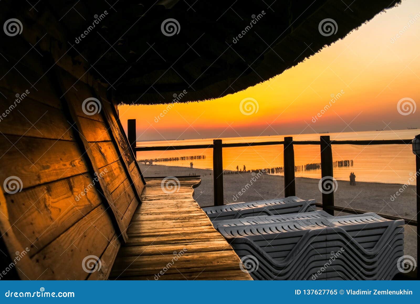Beach Cafe by the Sea, Beautiful Sunset Stock Image - Image of chair ...