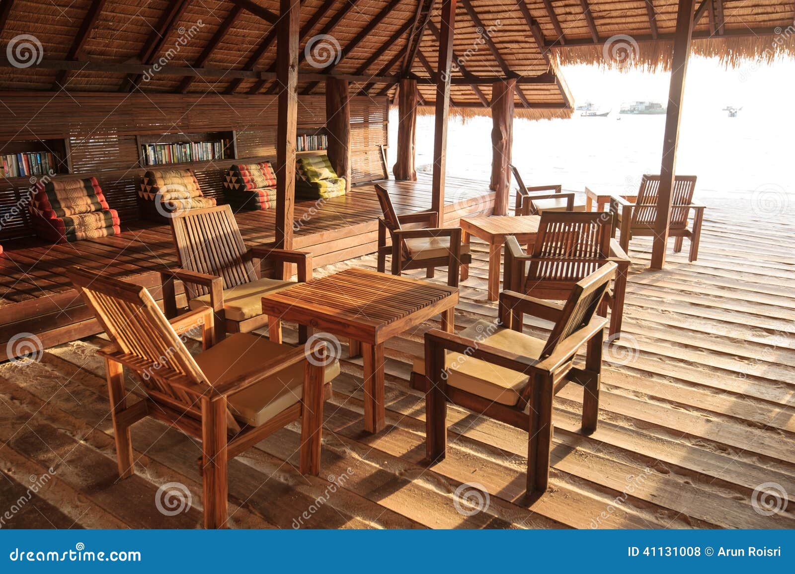 Beach Cafe with Wooden Tables and Chairs Stock Photo - Image of ...