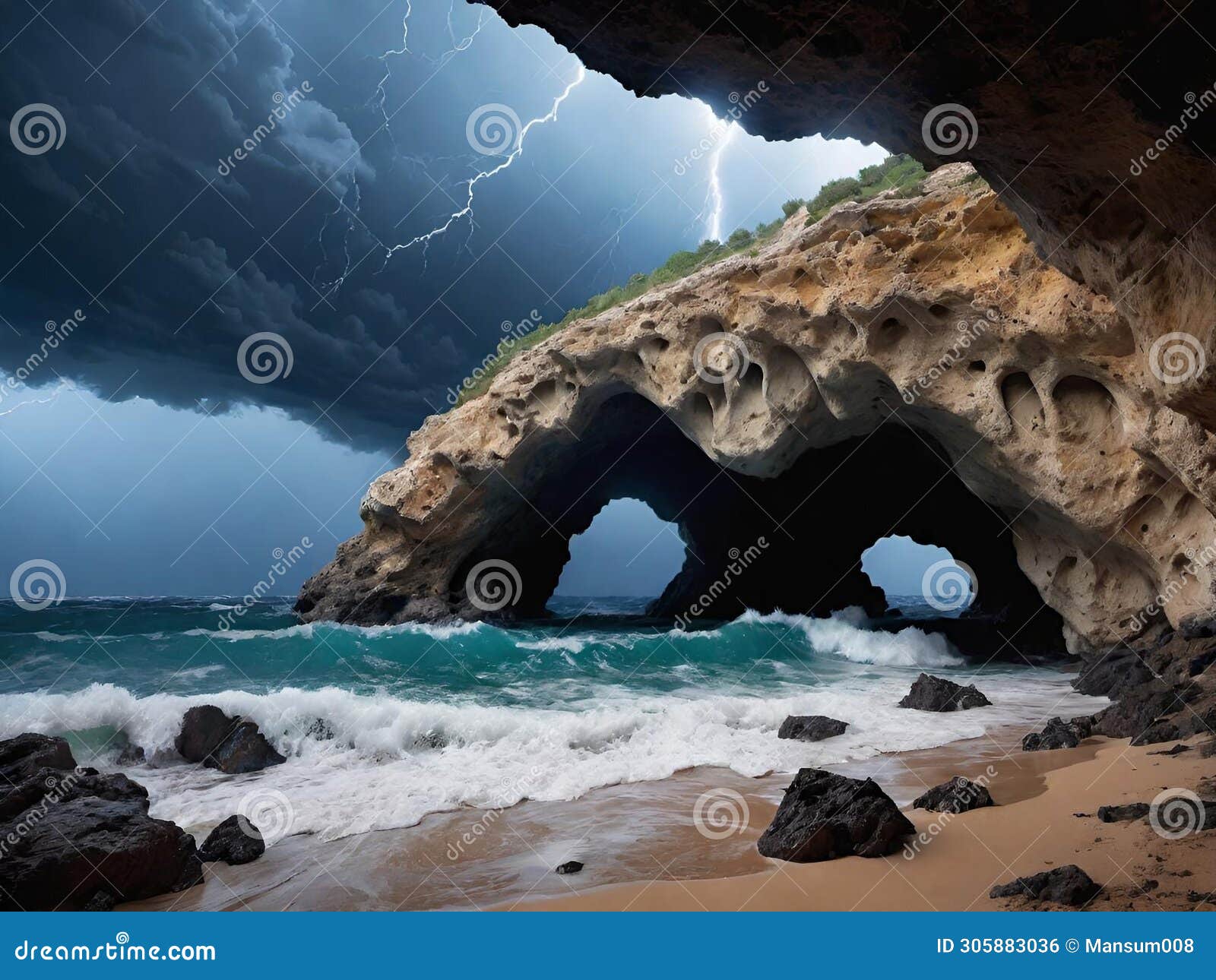 A Beach with a Cave and a Lightning Bolt Stock Illustration ...