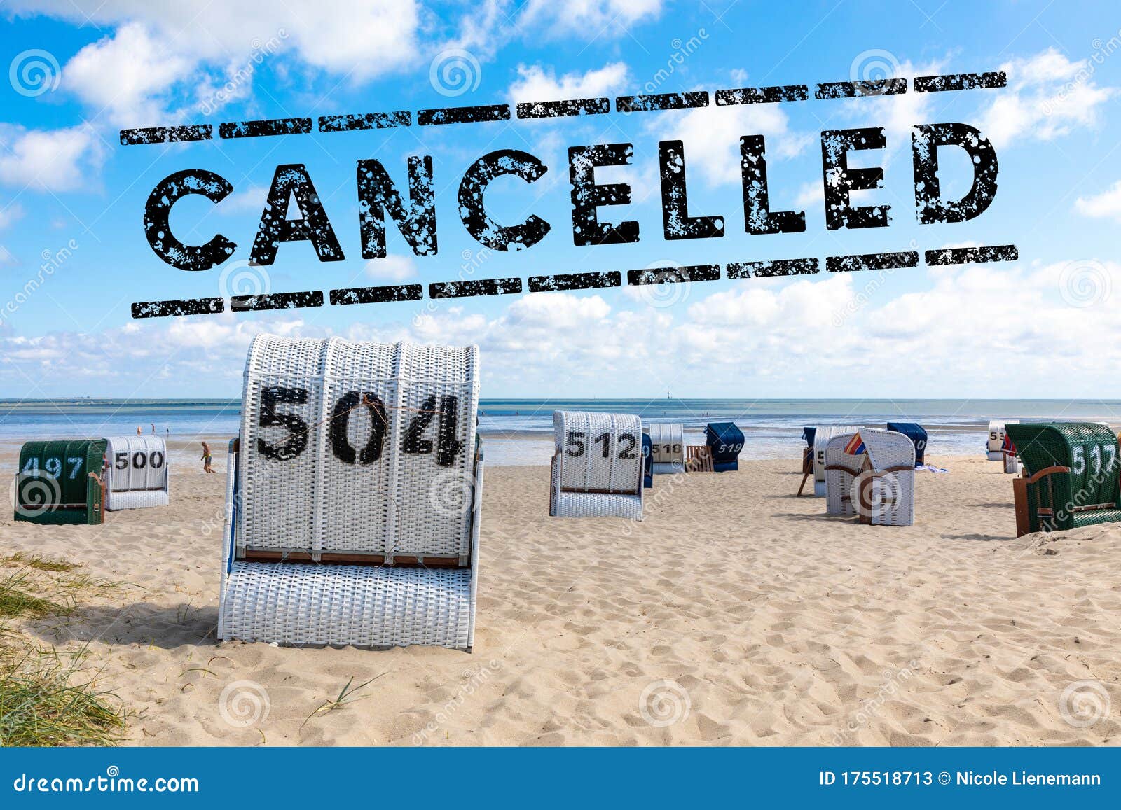 Beach with Beach Chair and Text Cancelled - Vacation Cancel Stock Image ...