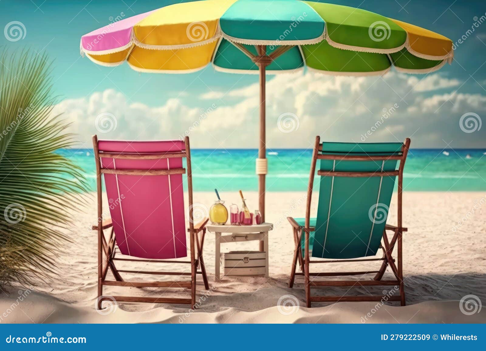 Beach Chairs with Umbrella and Cocktail on the Sand Seashore Stock ...