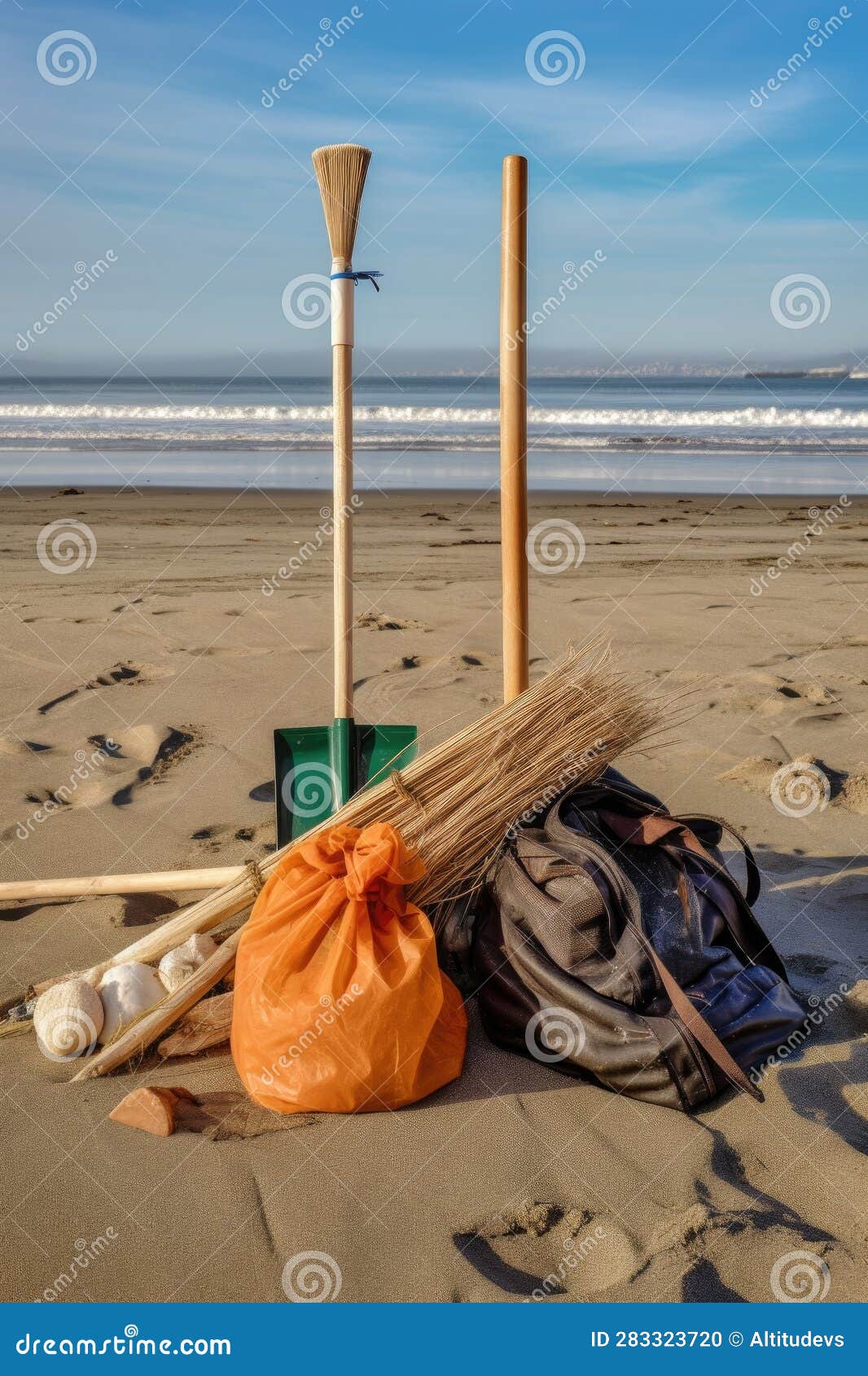 Beach Cleanup Tools and a Filled Trash Bag Stock Illustration ...