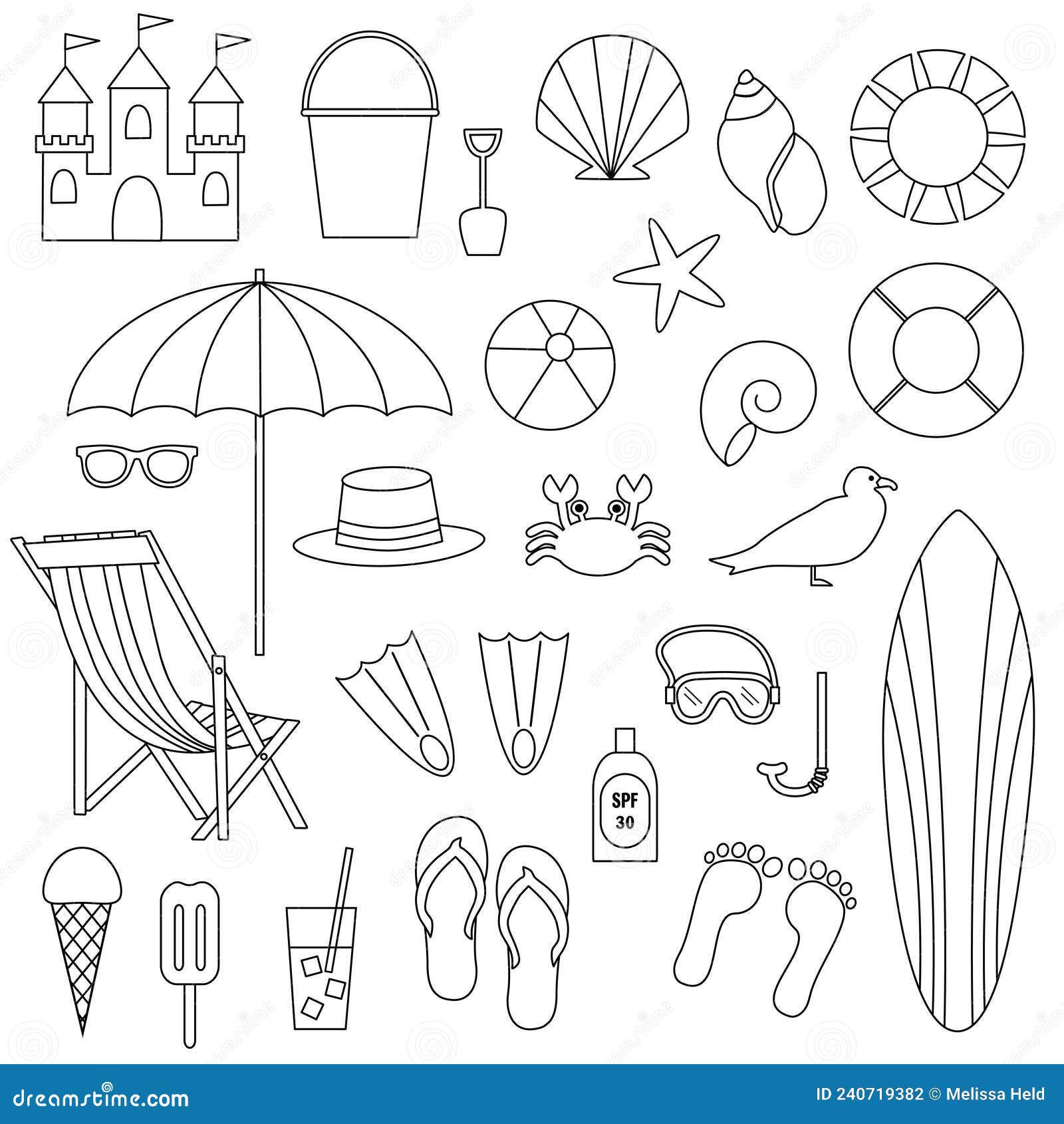 Black Outline Beach Clipart Digital Stamps Stock Vector - Illustration ...