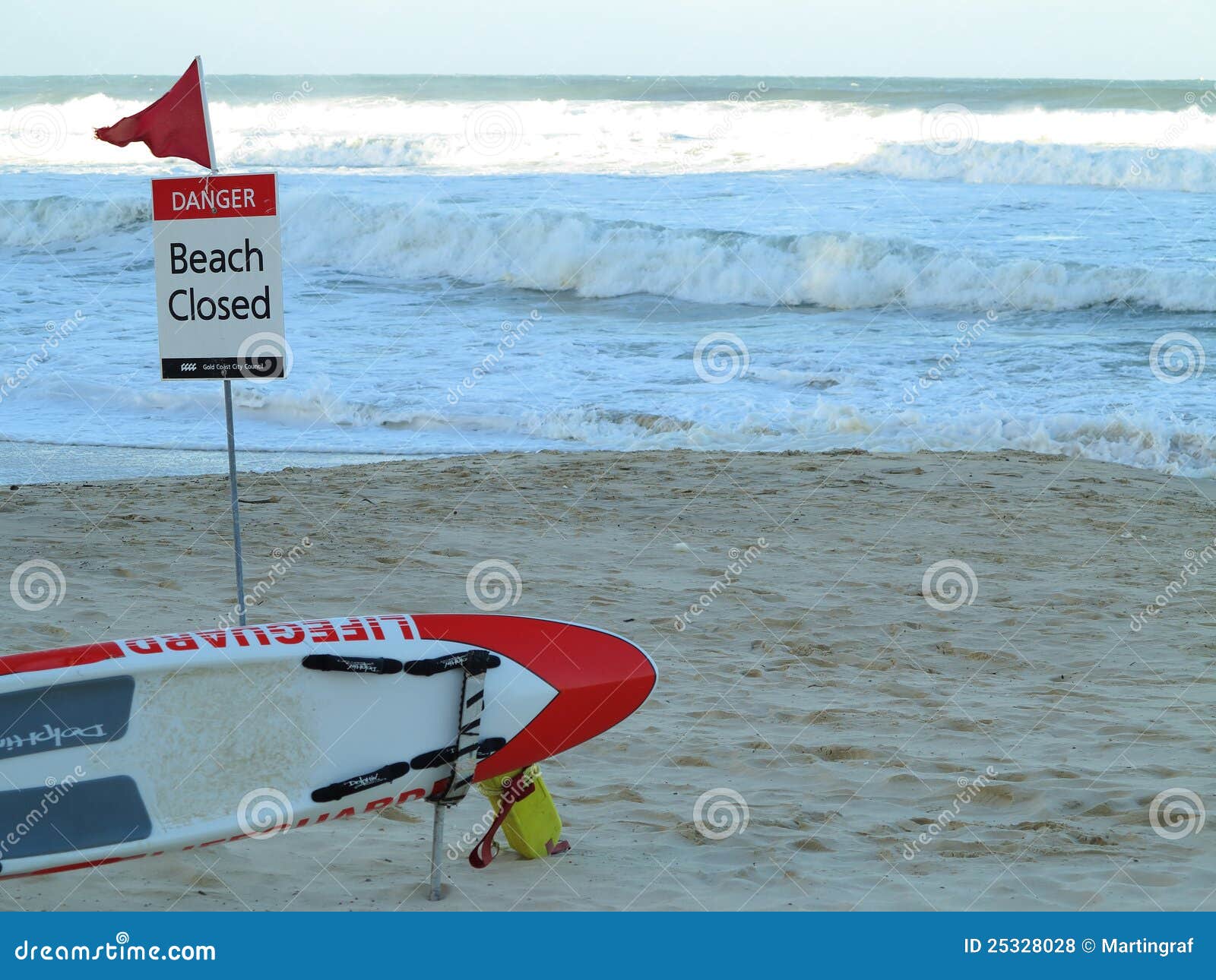 Beach Closed Sign and Lifeguard Surfboard by Waves Editorial Stock ...