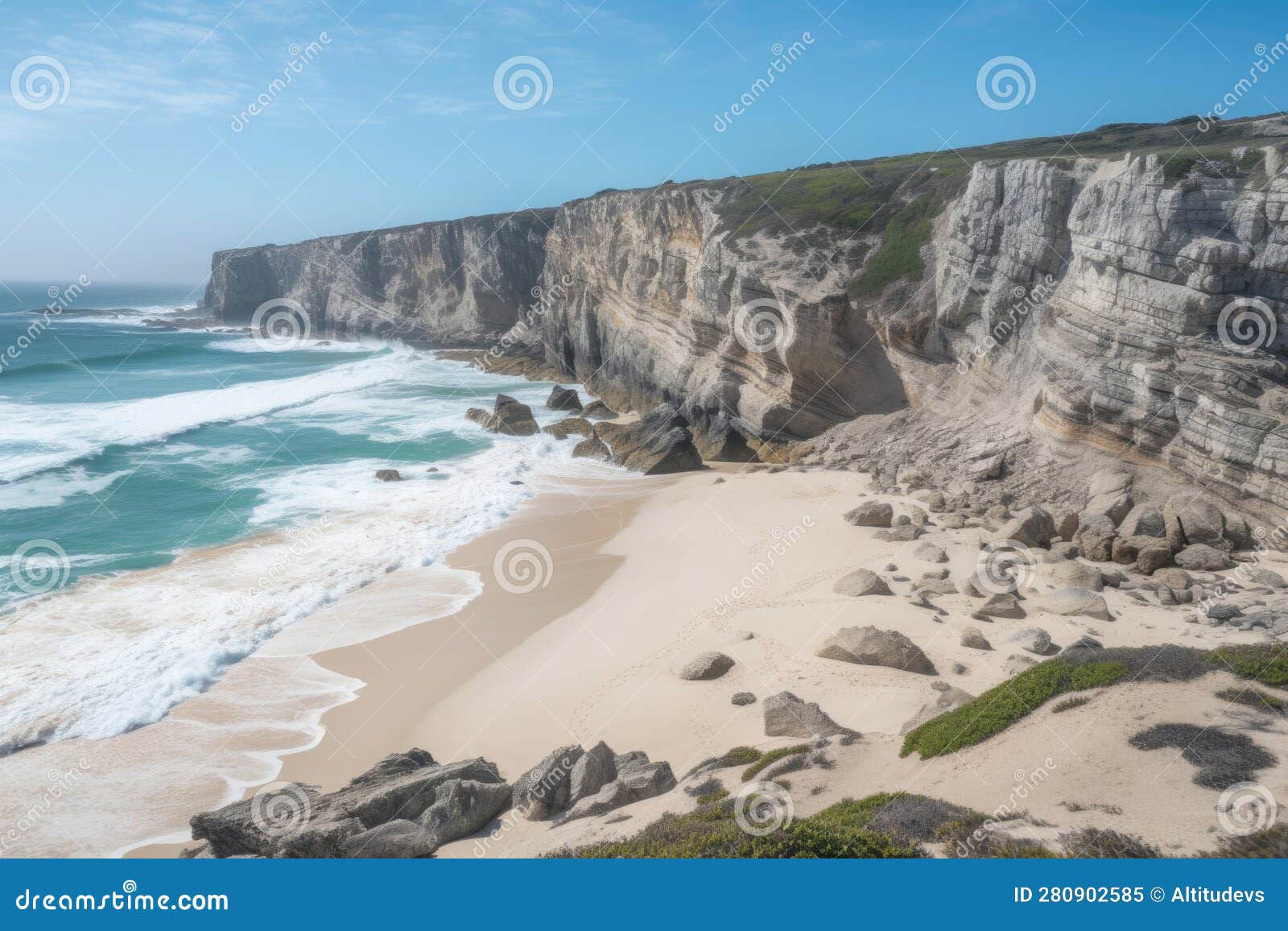 Beach with Coastal Cliffs and Rock Formations in the Background, with ...