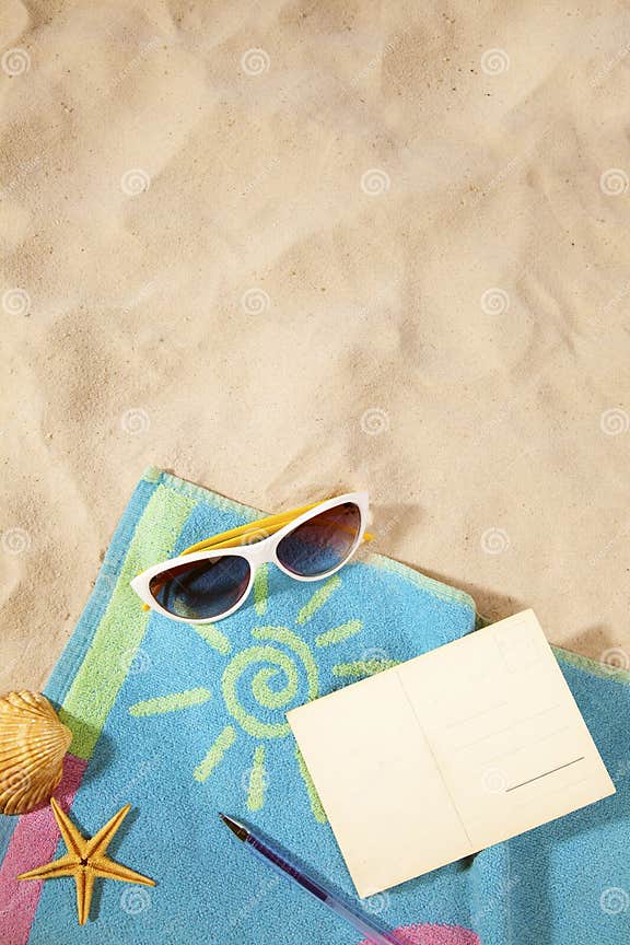 Beach Concept with Postcard Stock Image - Image of shell, objects: 19140193