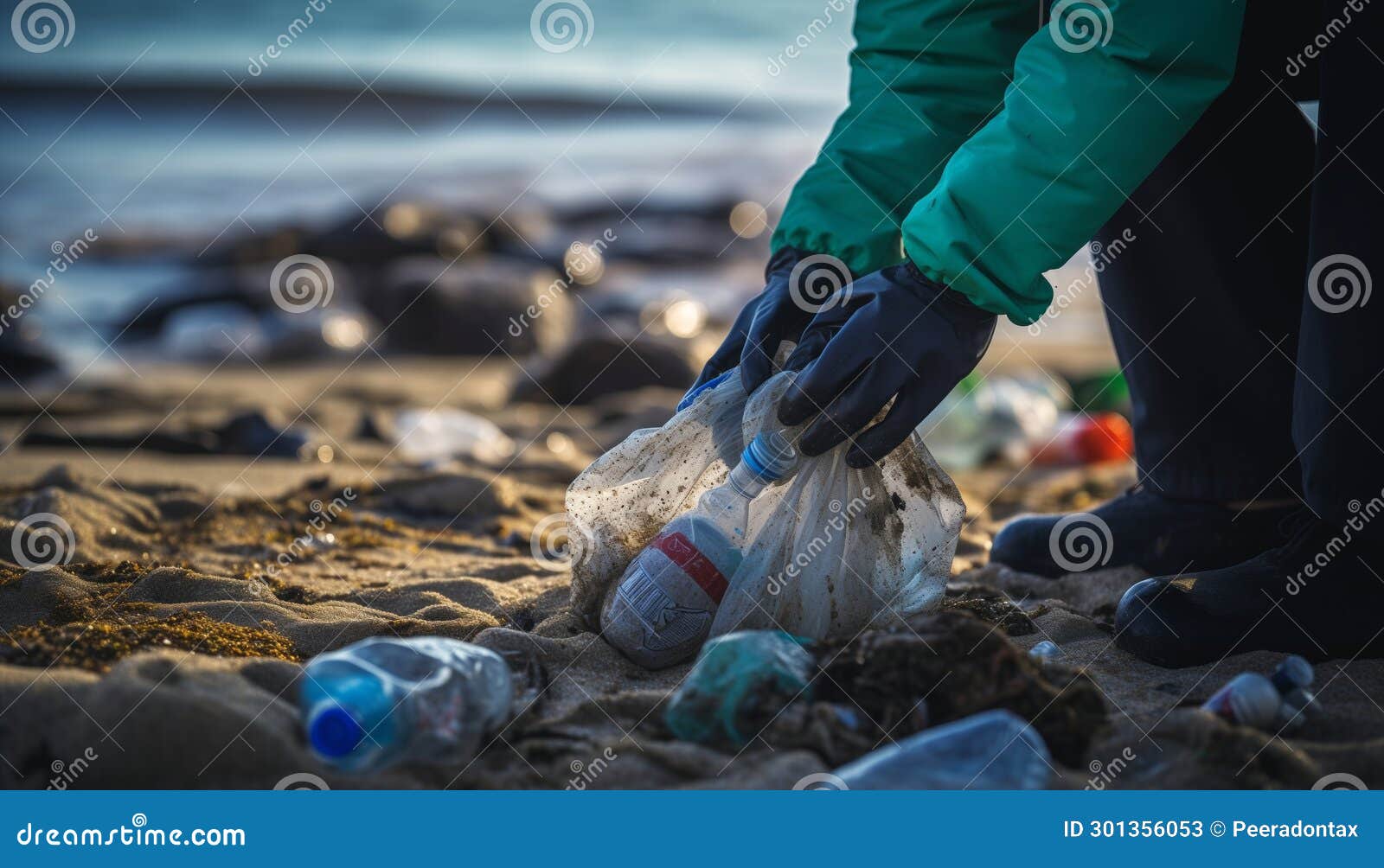 A Volunteer Cleaning Up Plastic Pollution on the Beach. Stock ...