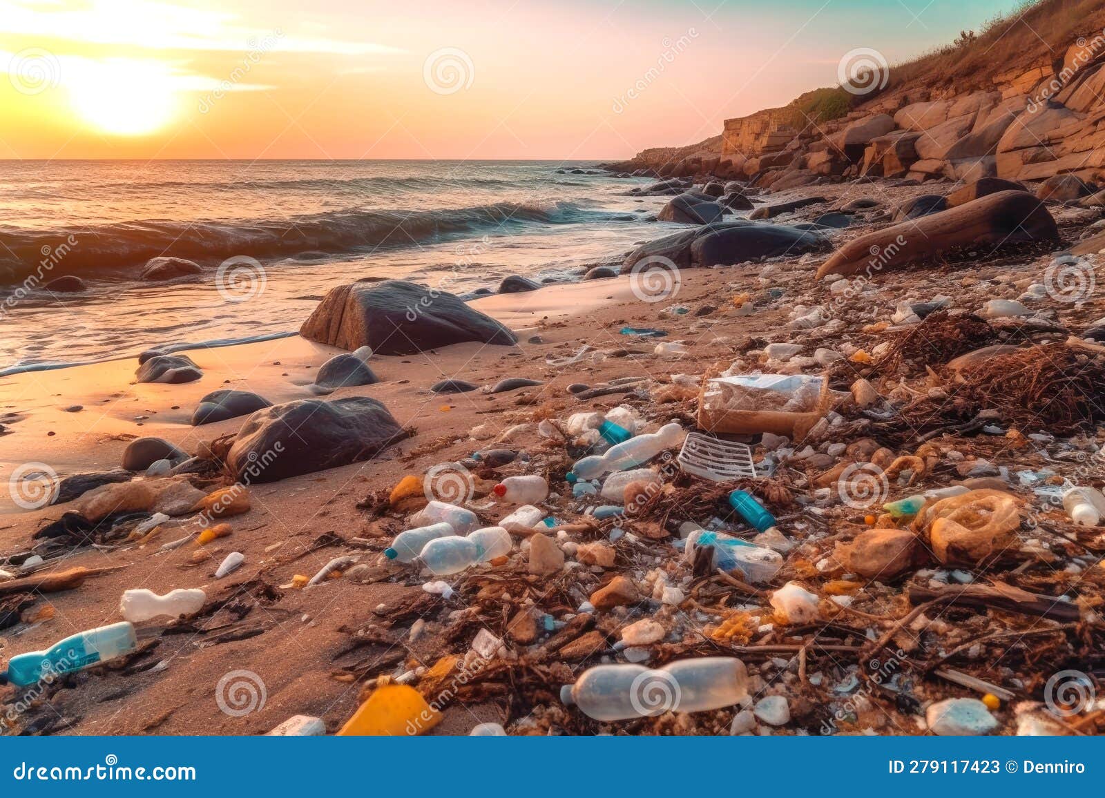 The Beach Covered in Plastic Litter at Sunset Stock Illustration ...