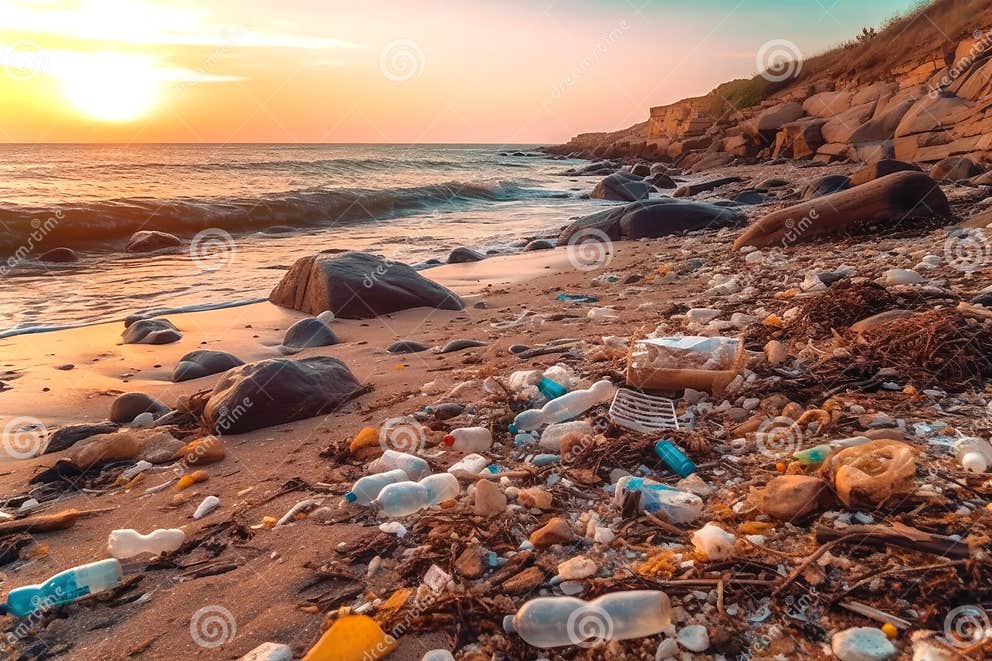 The Beach Covered in Plastic Litter at Sunset Stock Illustration ...