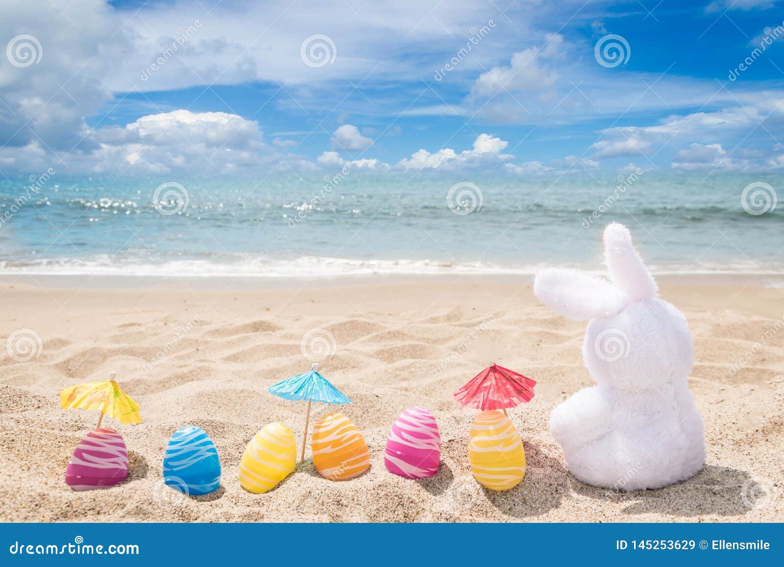 Beach Easter Background with Bunny and Color Eggs Stock Image - Image ...