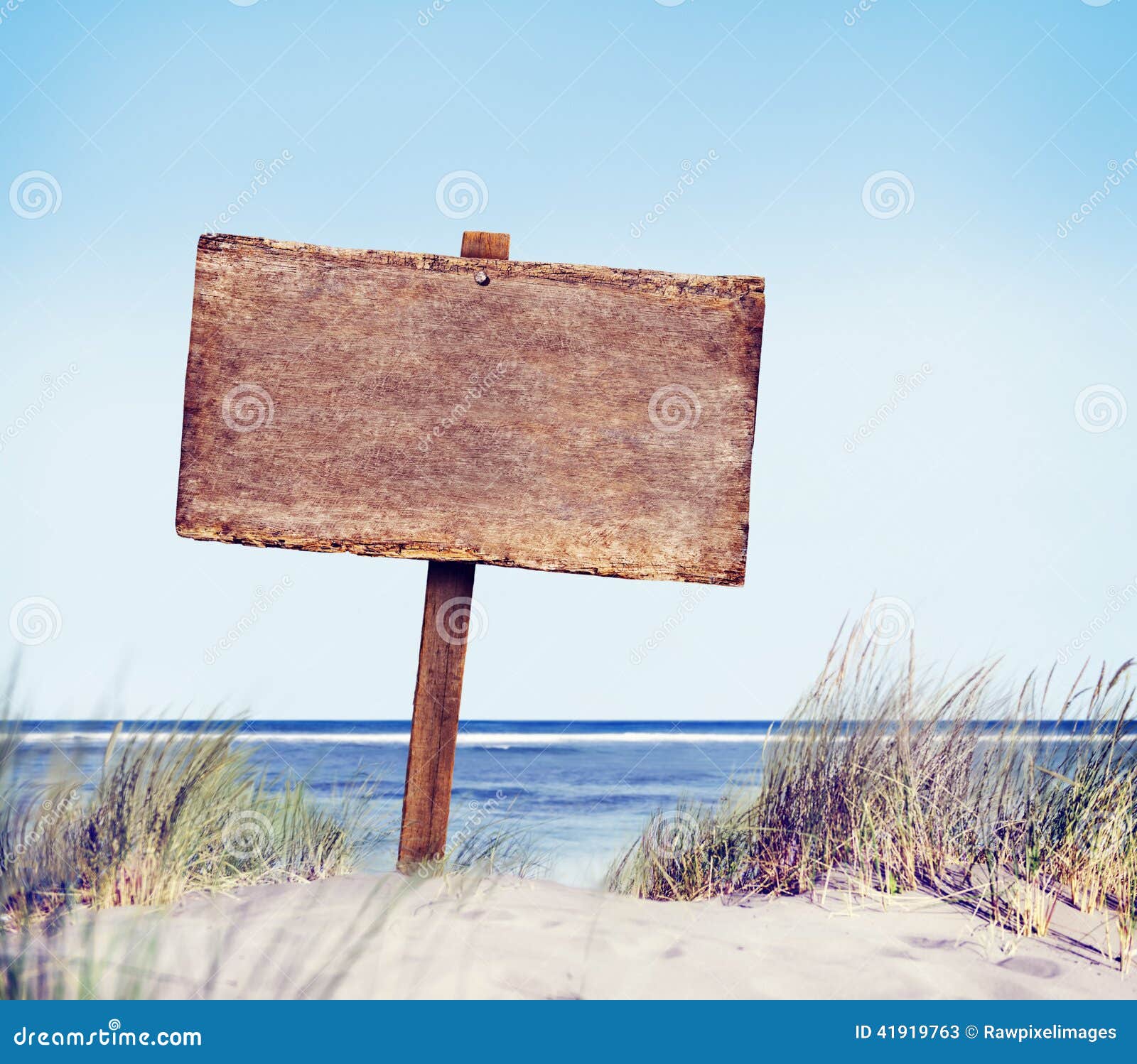 Beach with Empty Plank Sign Stock Image - Image of blue, beach: 41919763