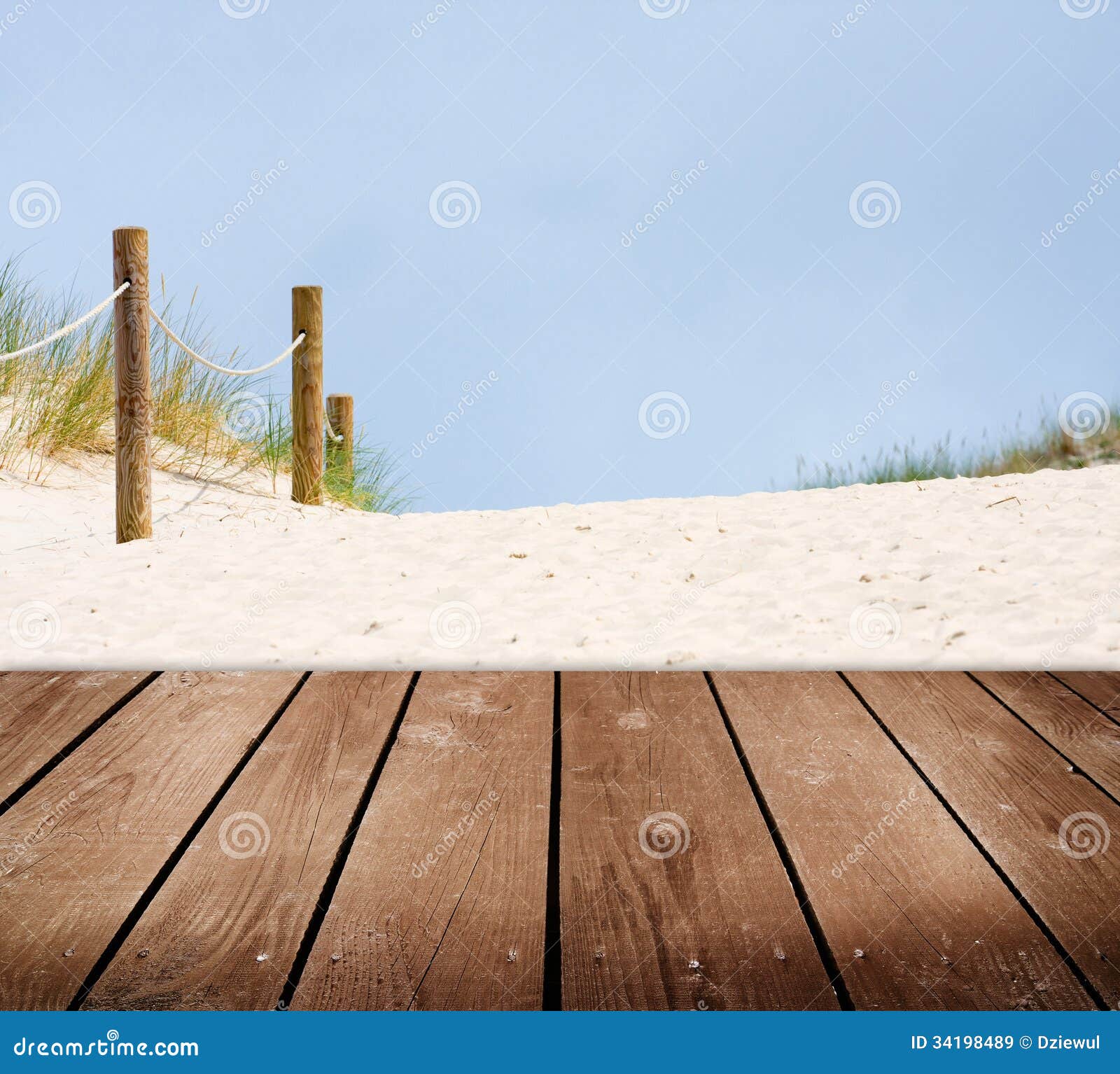 Beach and Empty Wooden Deck Table. Stock Image - Image of board, sunny ...