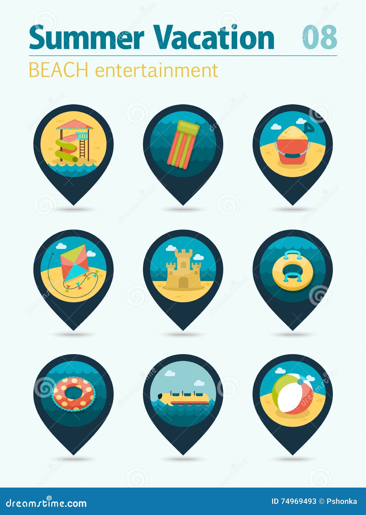Beach Entertainment Pin Map Icon Set. Vacation Stock Vector ...