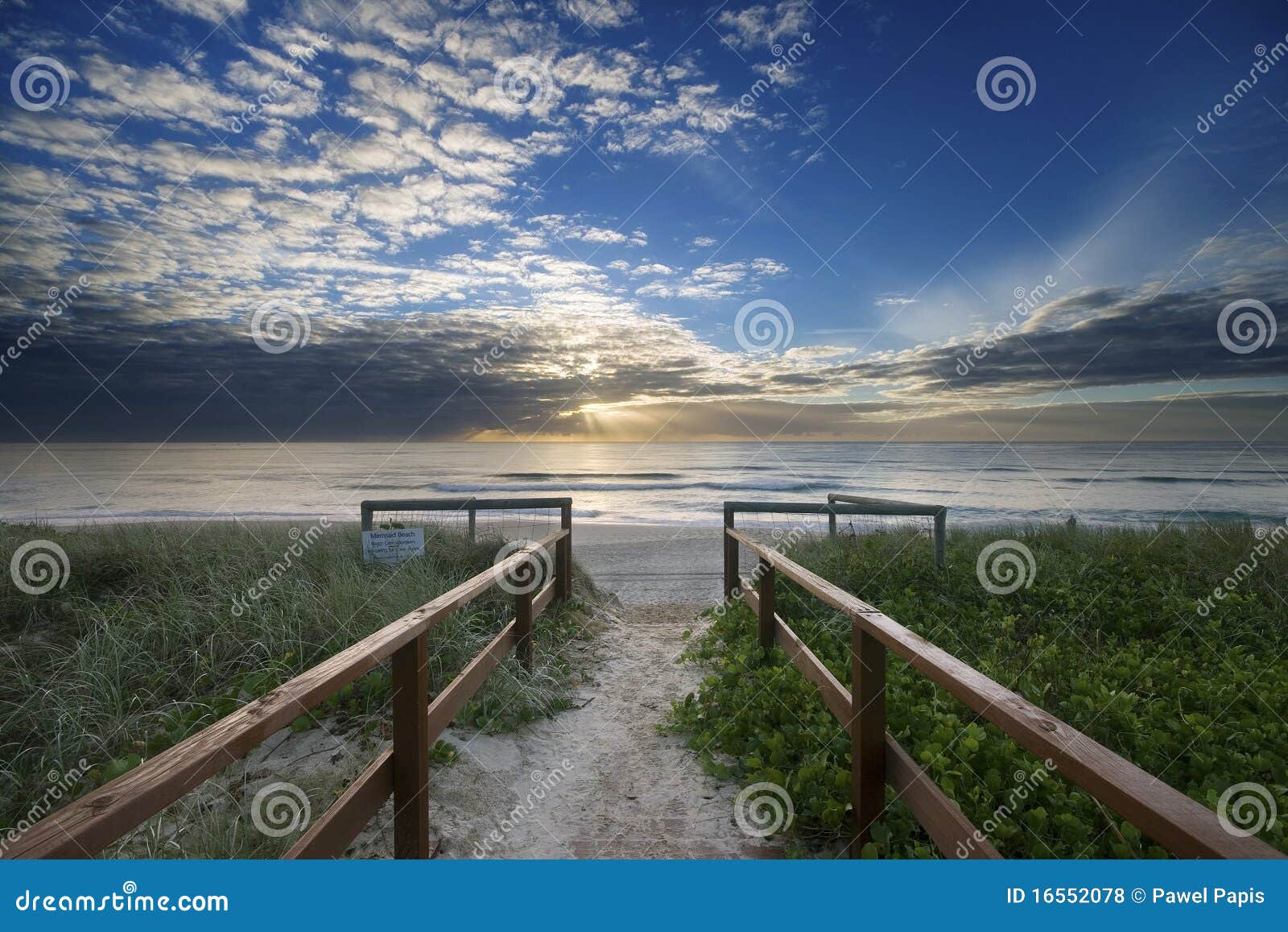 Beach entry at sunrise stock photo. Image of green, rail - 16552078