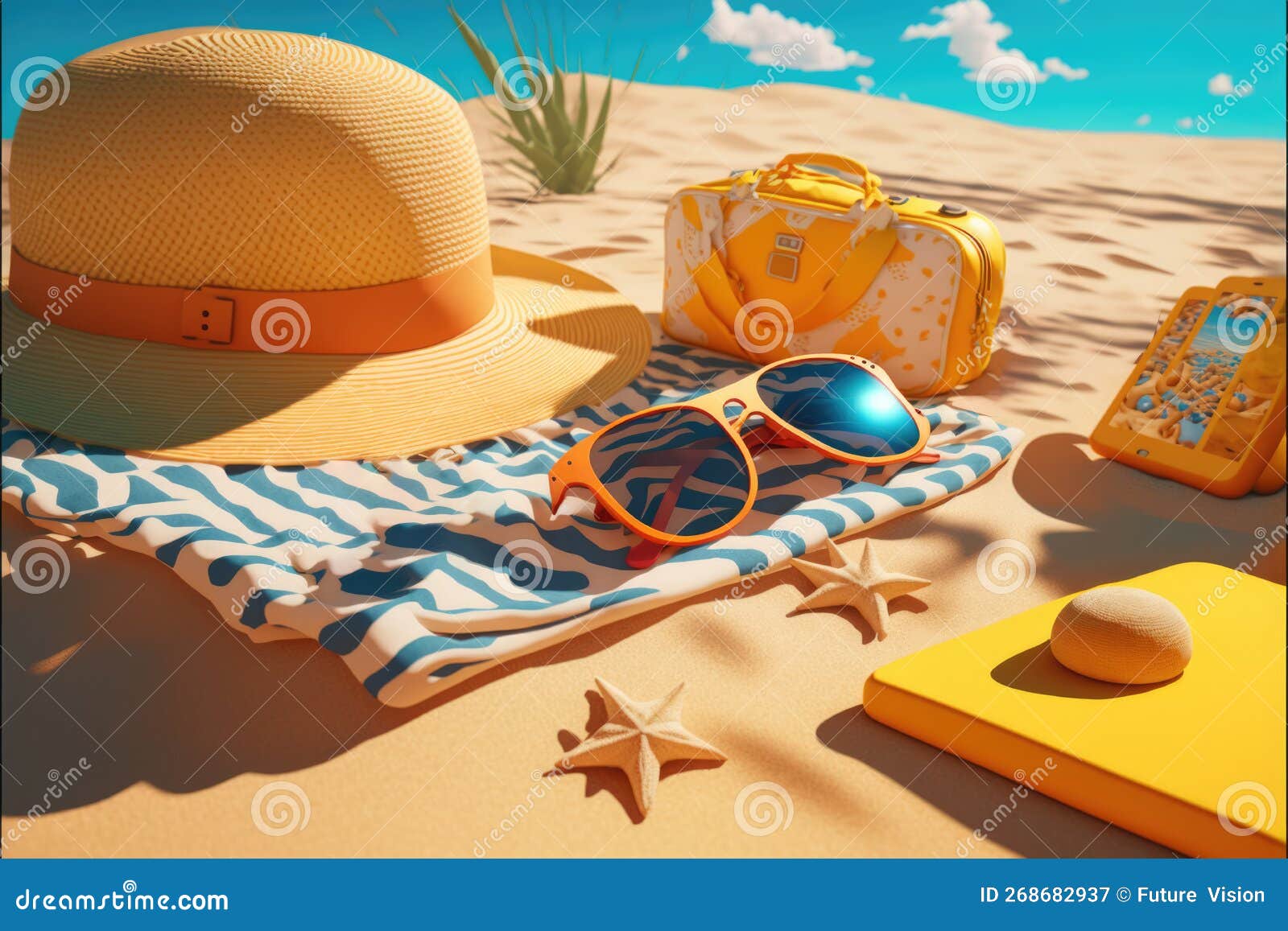Beach Equipment with Hat, Blanket and Sunglasses on Beach, Created ...