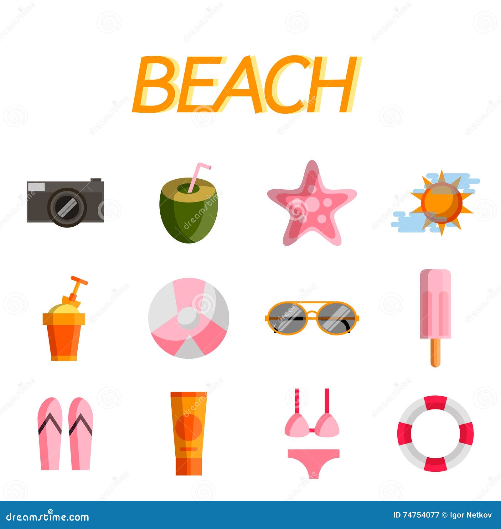 Beach flat icon set stock vector. Illustration of graphic - 74754077