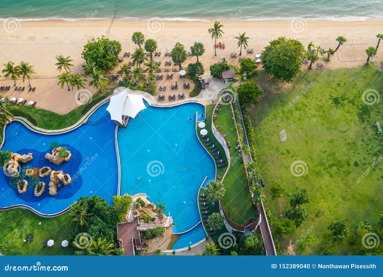 Beach Front View, Pool, Park from Top View Stock Photo - Image of ...