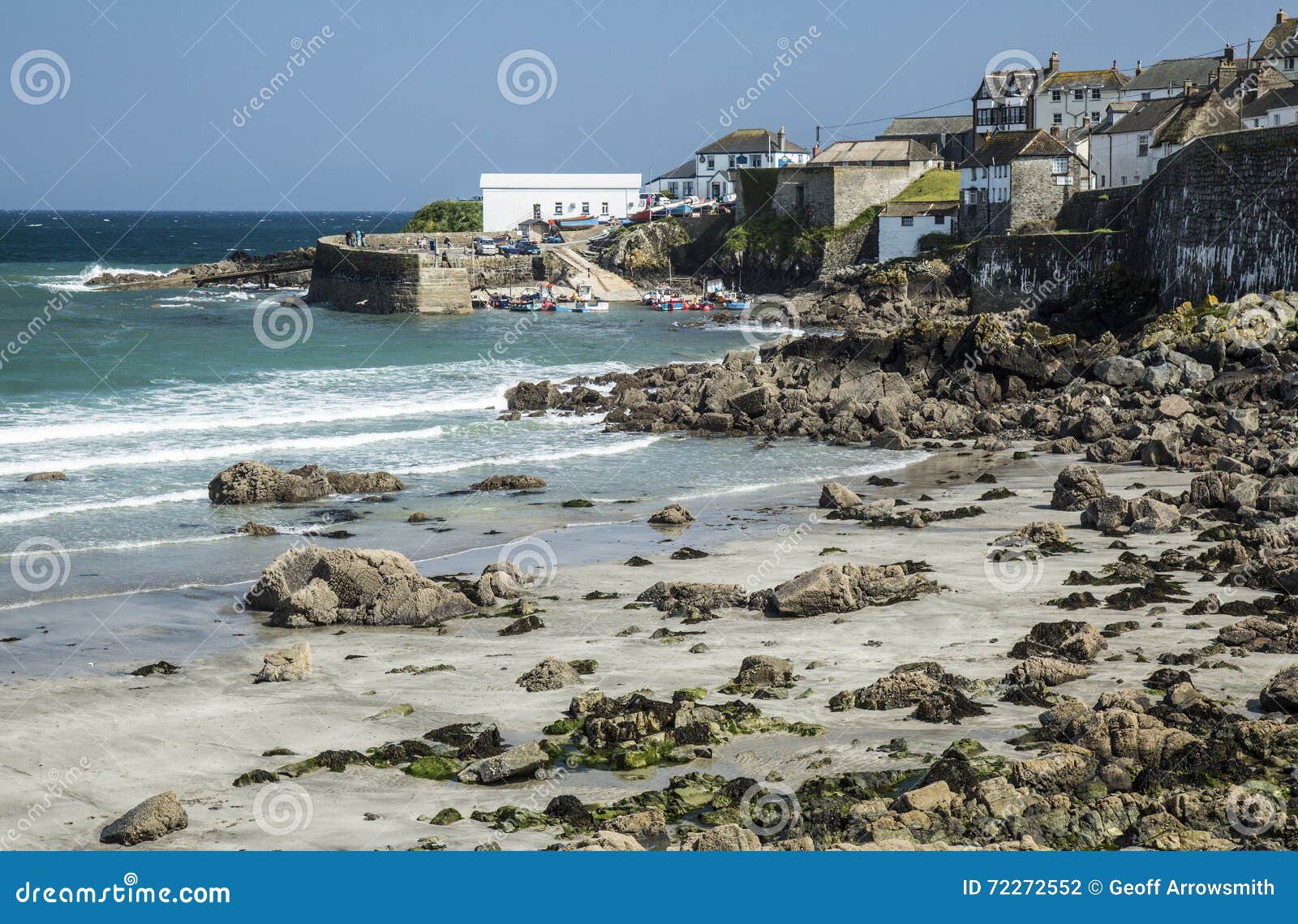 Beach and Harbour at Coverack in Cornwall, England Stock Photo - Image ...