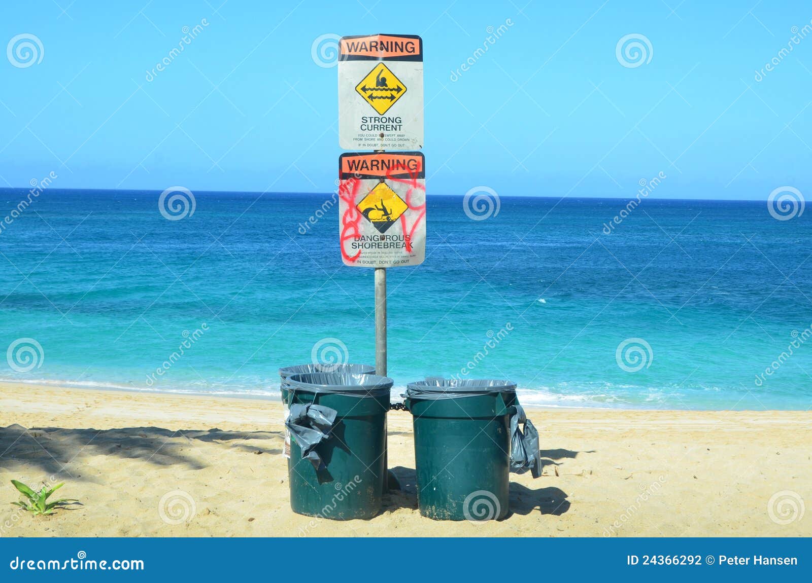 Beach Hazard Signs and Dustbins Stock Photo - Image of signpost ...
