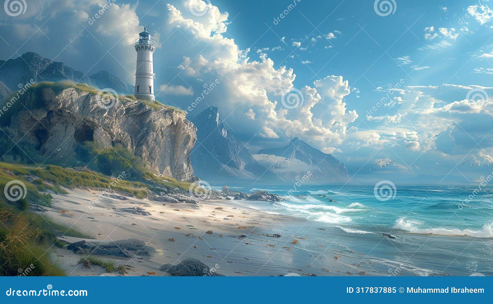 A Beach with a Historic Lighthouse Standing Tall on a Rugged Cliff ...