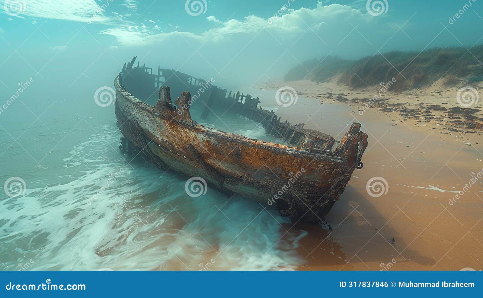 A Beach with a Historic Shipwreck Half-buried in the Sand Stock ...
