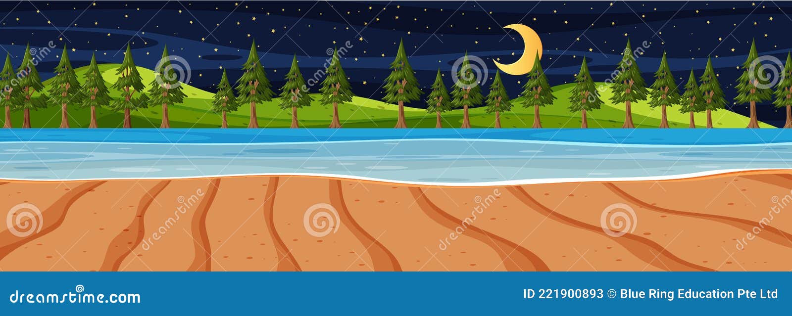 Beach Horizontal Scene at Night with Many Pine Trees Stock Vector ...