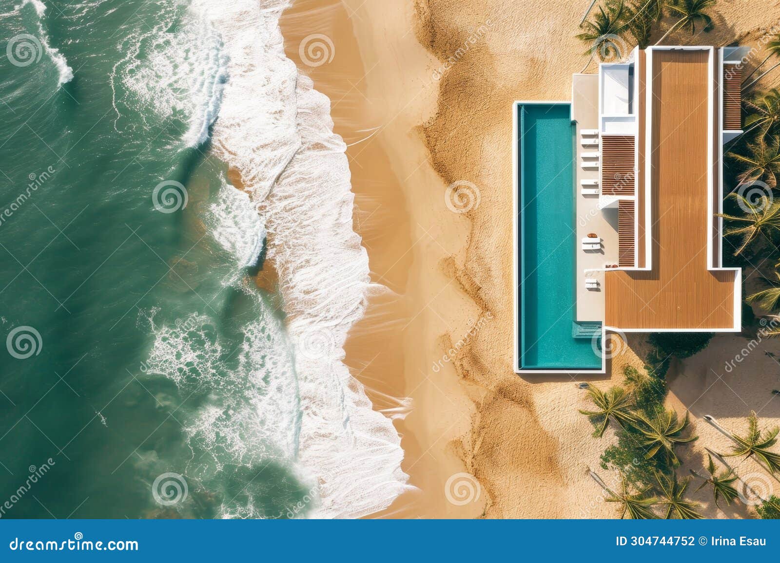 Beach House with Pool on Oceanfront, Top View. Stock Photo - Image of ...