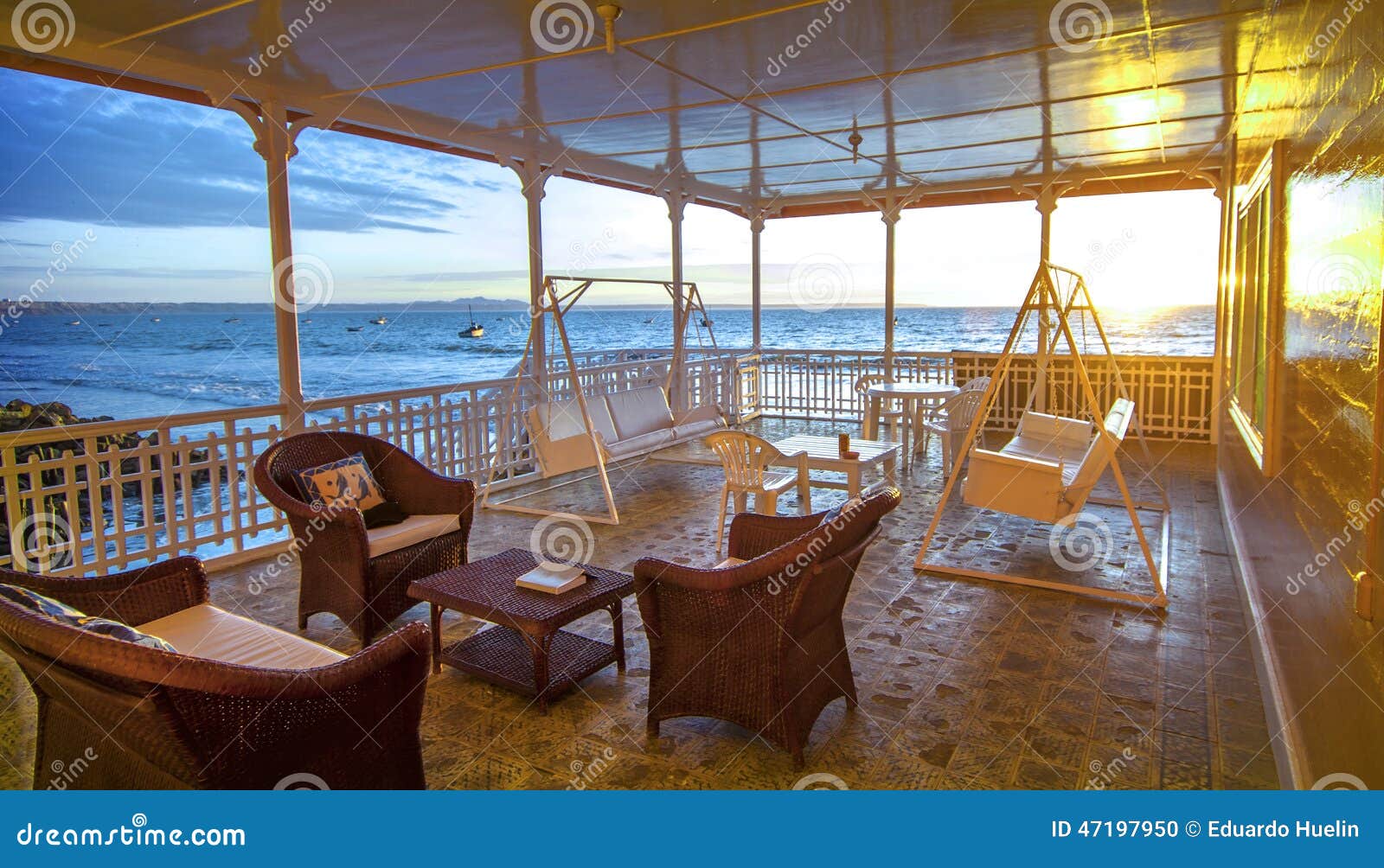Beach House Terrace Lounge at Sunset Stock Photo - Image of scenery ...