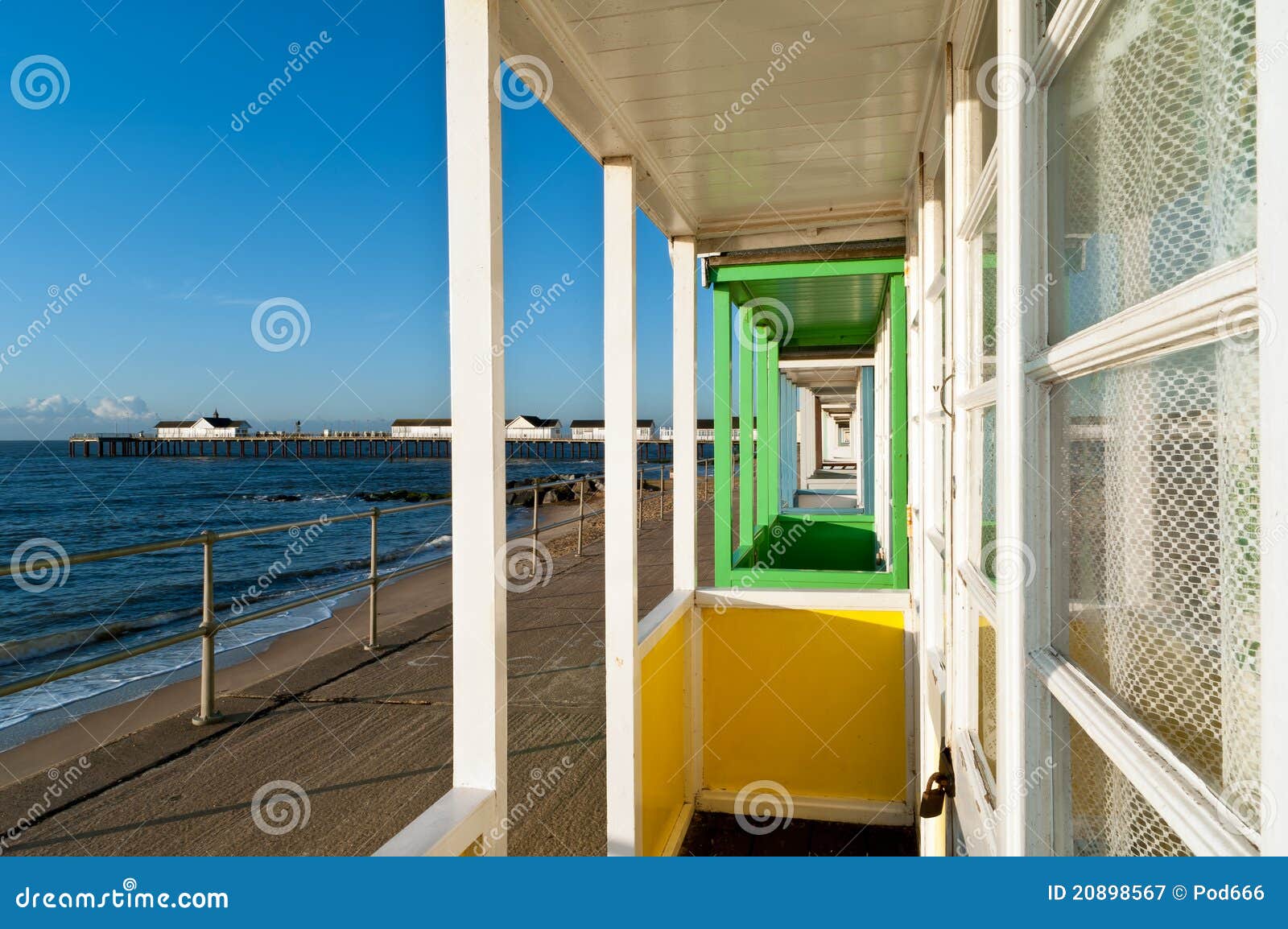 Beach Hut Veranda and Sothwold Pier Stock Image - Image of informal ...