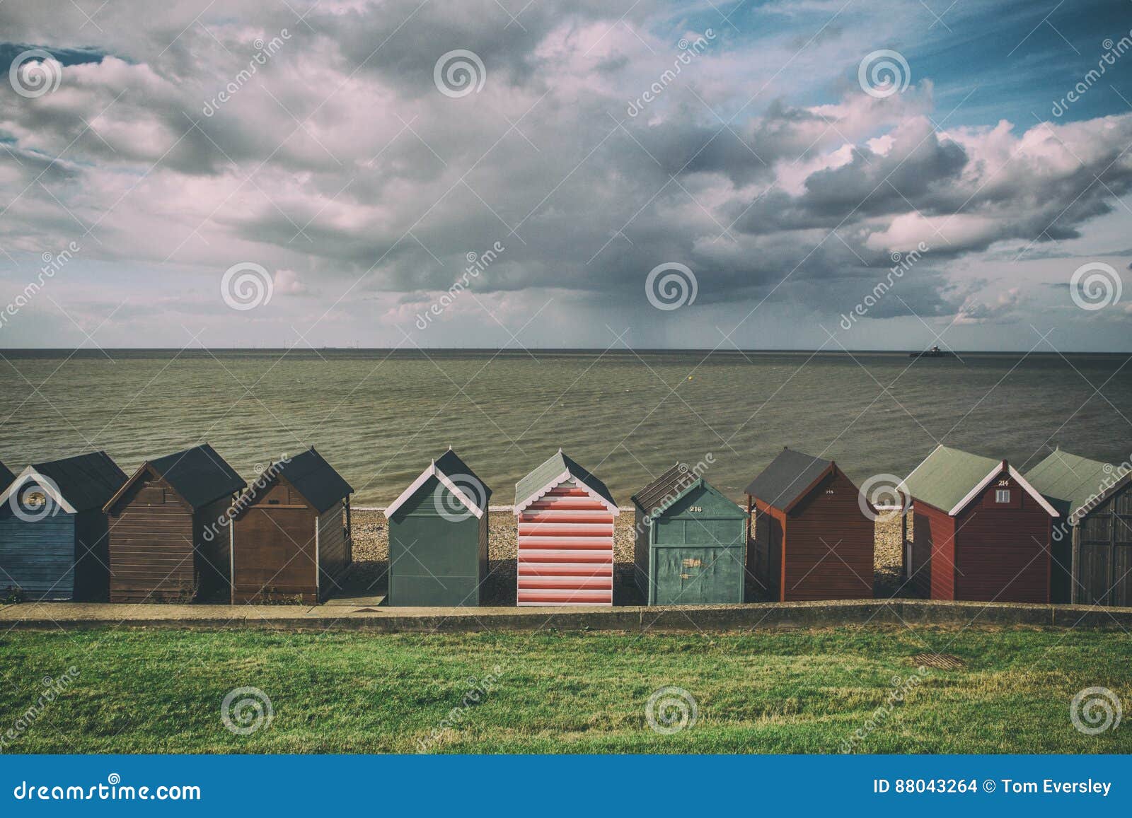 Beach Huts on Coast on Cloudy Rainy Day in Kent, England Stock Photo ...