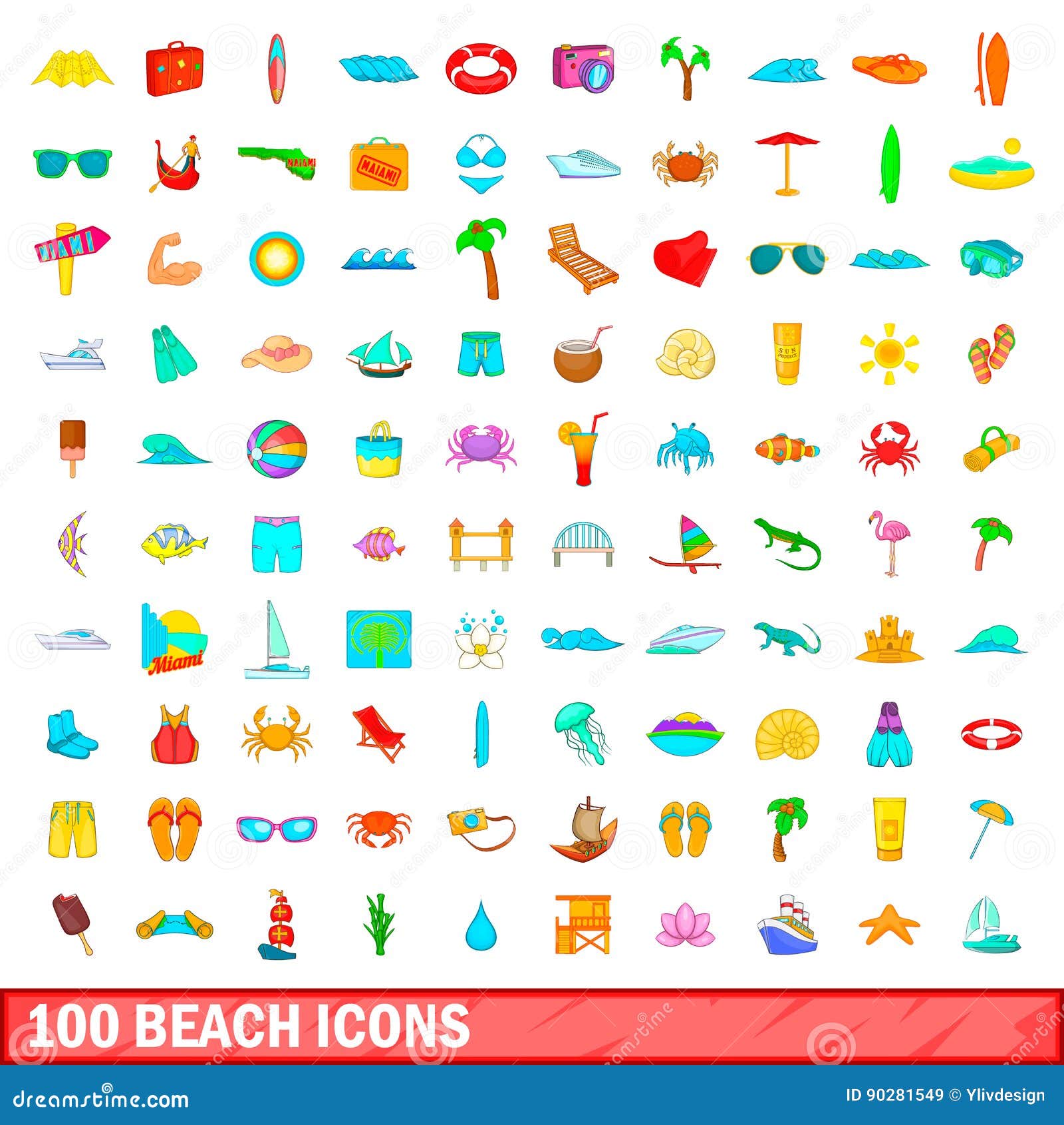 100 Beach Icons Set, Cartoon Style Stock Vector - Illustration of ...