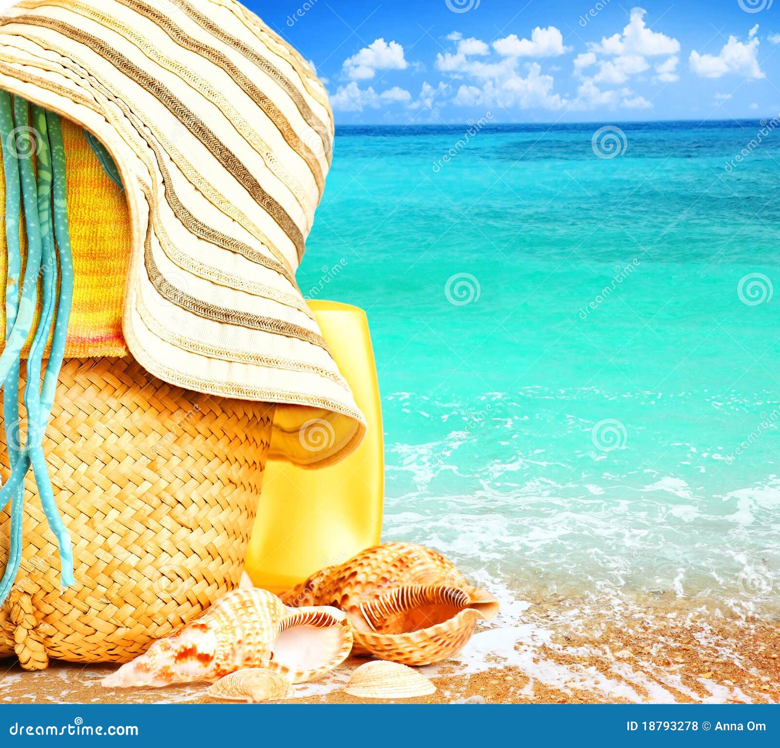 Beach items over blue sea stock photo. Image of outdoor - 18793278