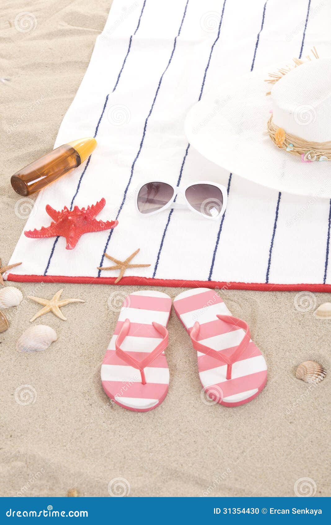 Beach Items on Sand for Fun Summer Stock Photo - Image of sand, sandals ...