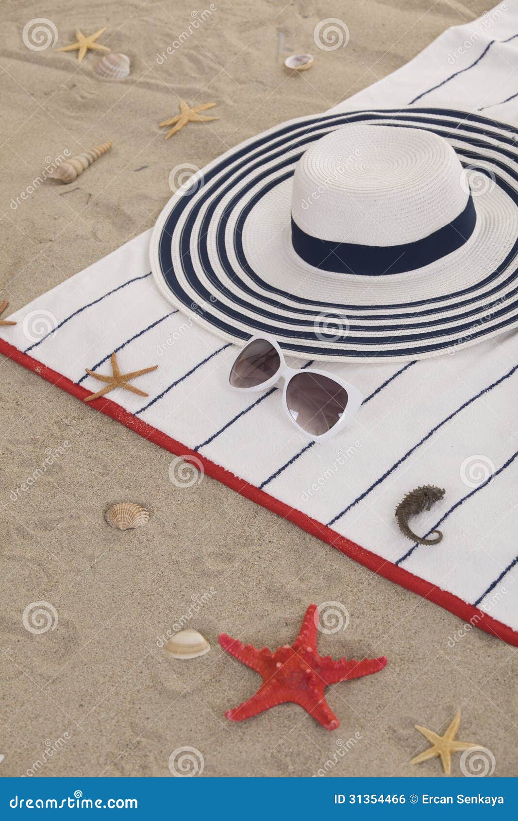 Beach Items on Sand for Fun Summer Stock Photo - Image of towel ...